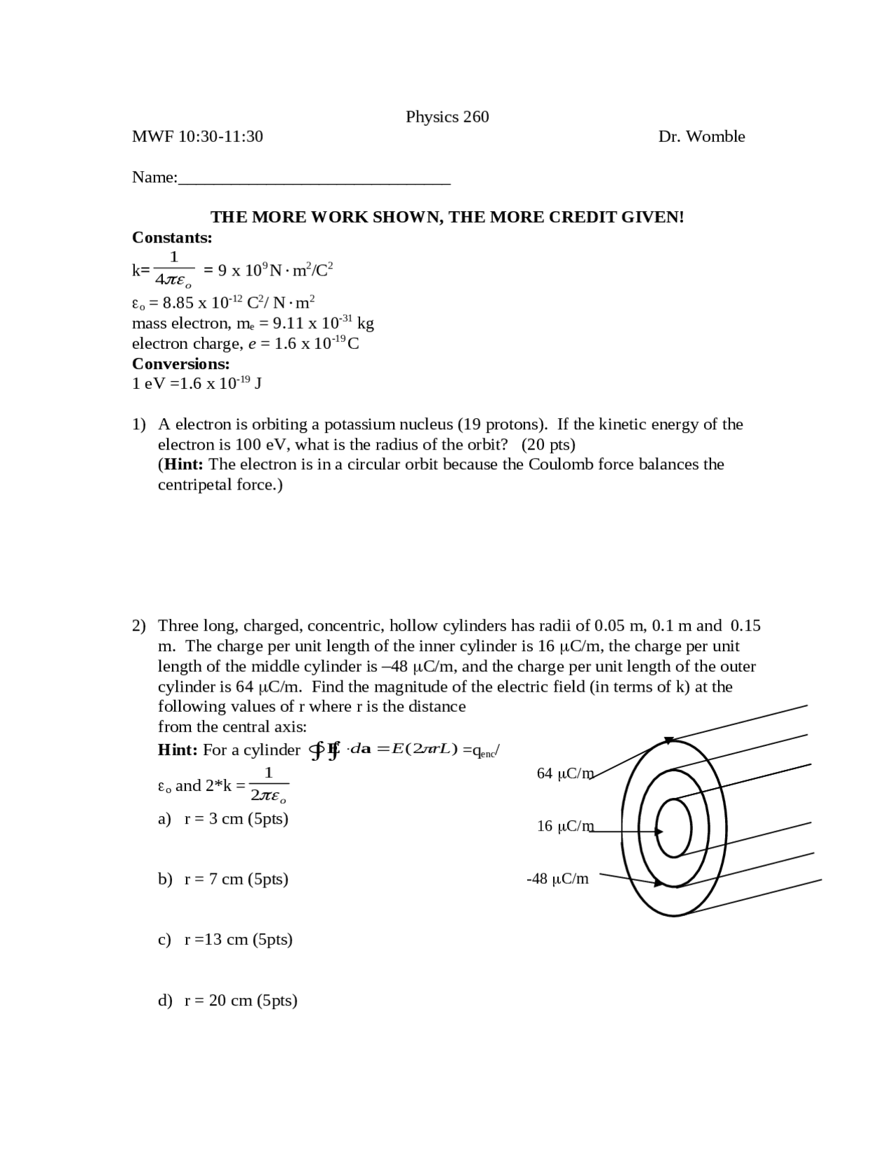 Practice Exam for Introduction to Electricity and Magnetism | PHYS 260 ...