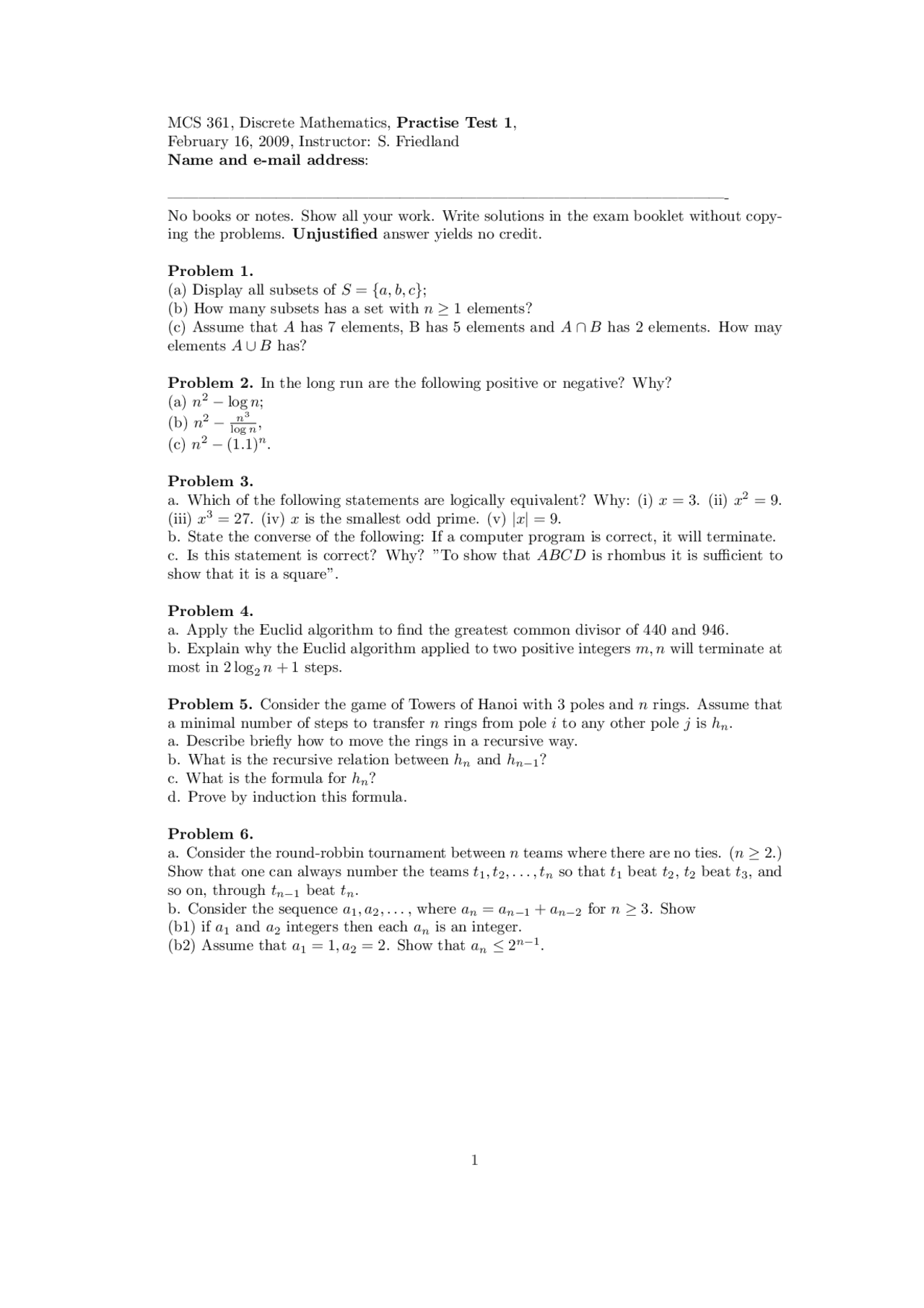 6 Problems Of Discrete Mathematics Exam 1 Mcs 361 Docsity