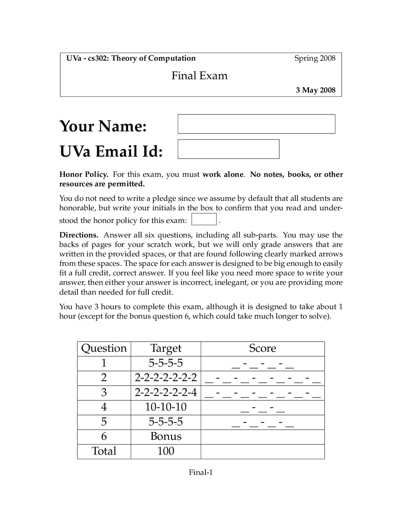 6 Problems Final Exam Theory Of Computation Cs 3102 Docsity