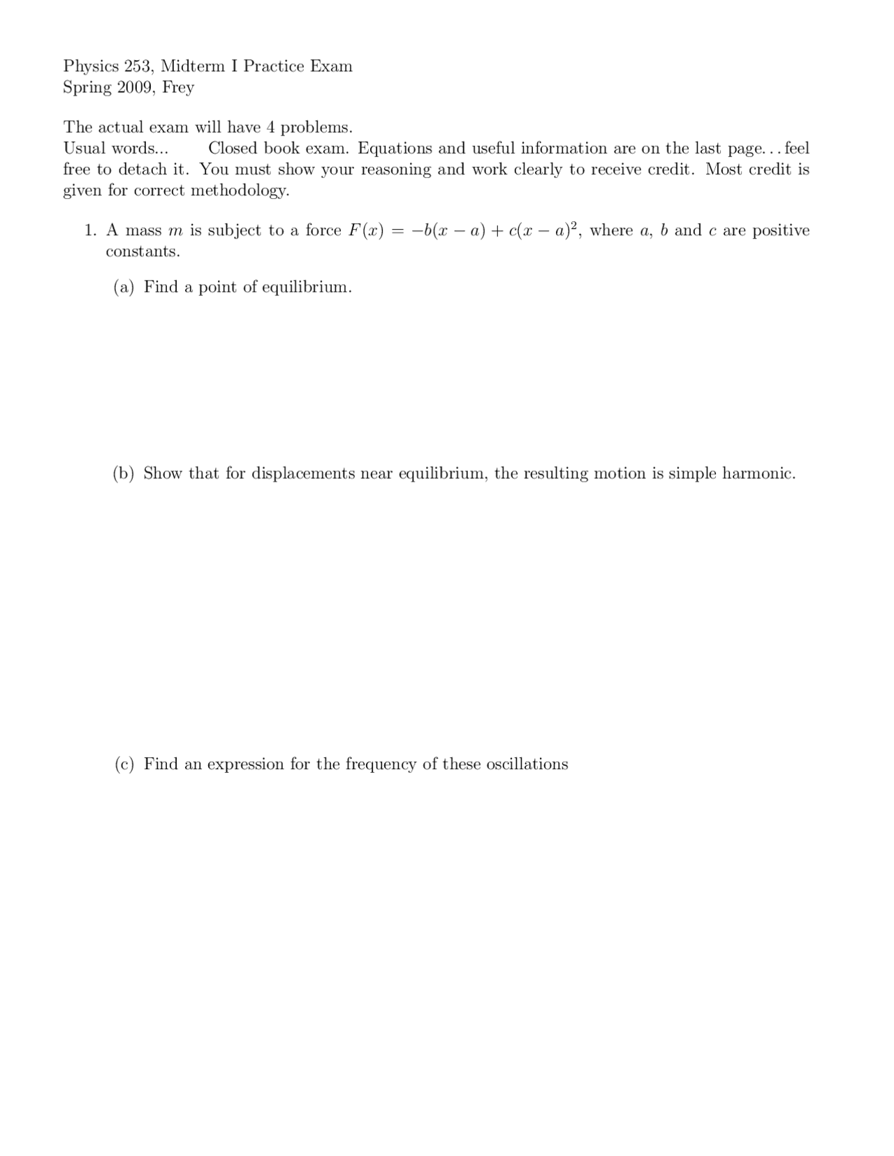 Practice Midterm Exam 1 Foundations Of Physics I Phys 253 Docsity