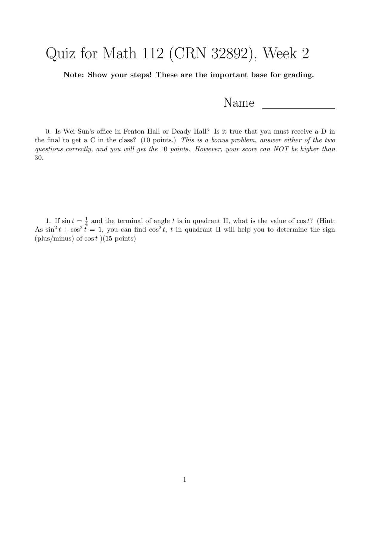 Math 112 Quiz Week 2: Wei Sun's Office Location and Trigonometric Identities - Prof. Wei S ...