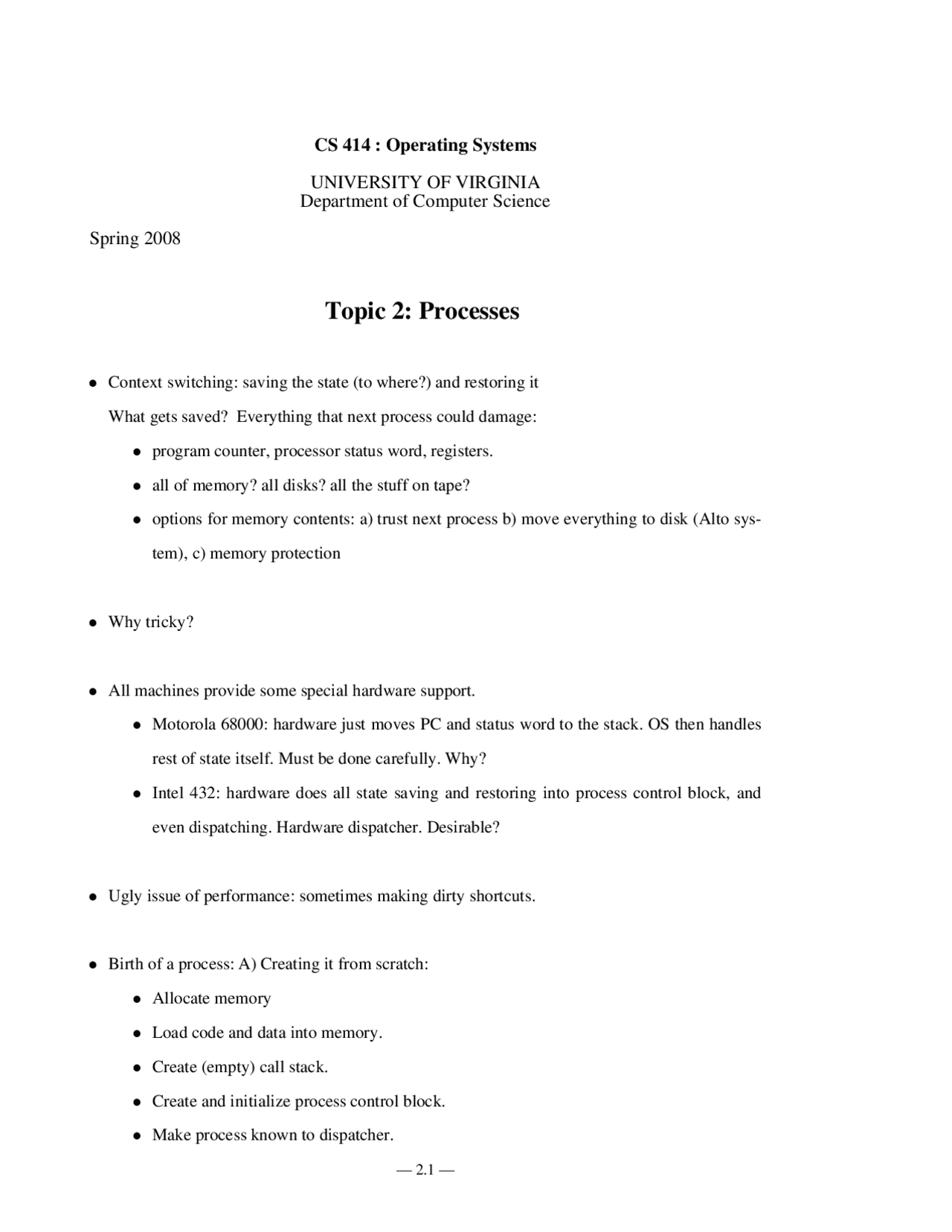 Notes On Processes Of Operating Systems Cs 4414 Docsity