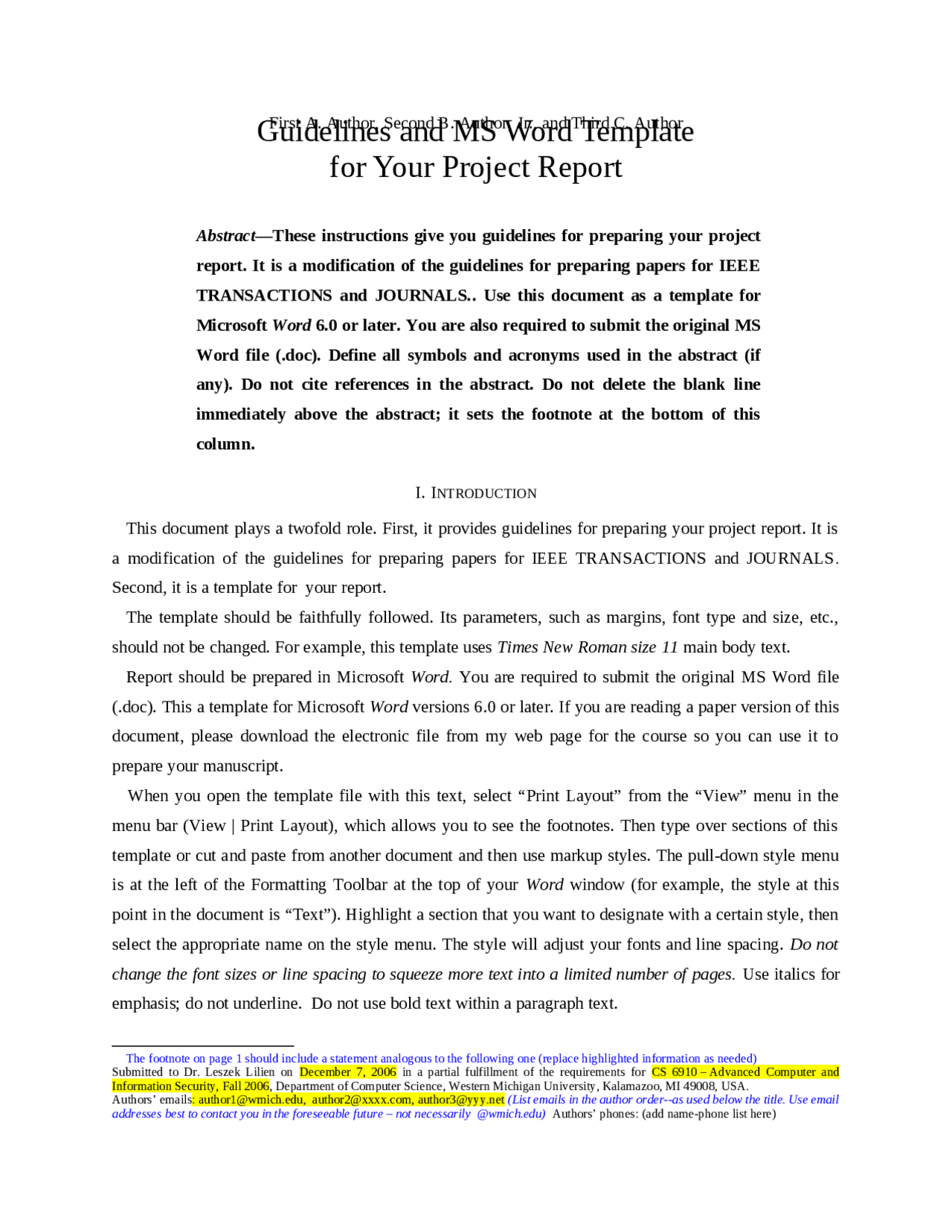 Guidelines And Ms Word Template For Your Project Report Cs 5950 Docsity