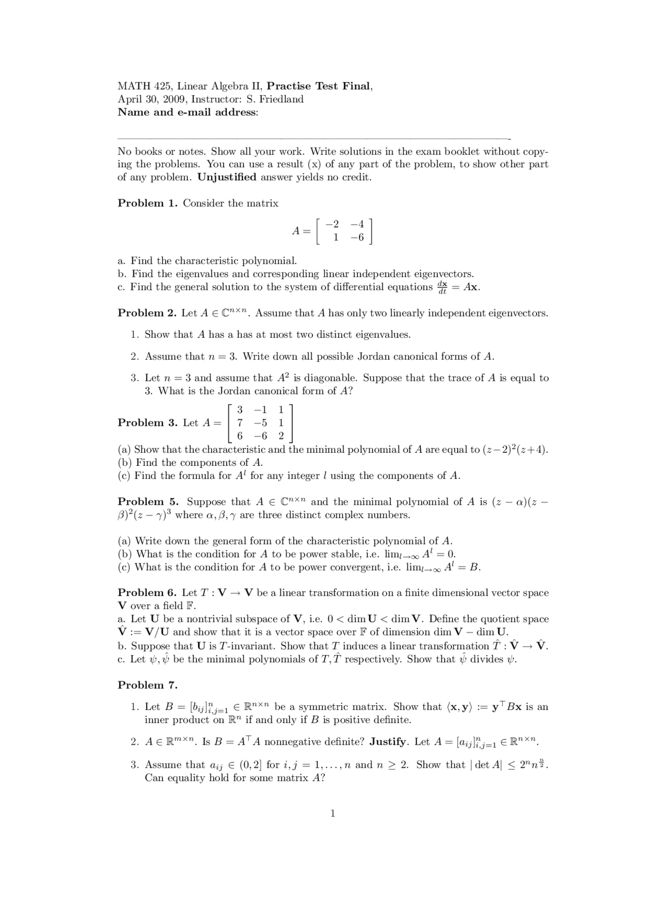 Linear Algebra Ii 9 Problems For Practice Final Exam Math 425 Docsity