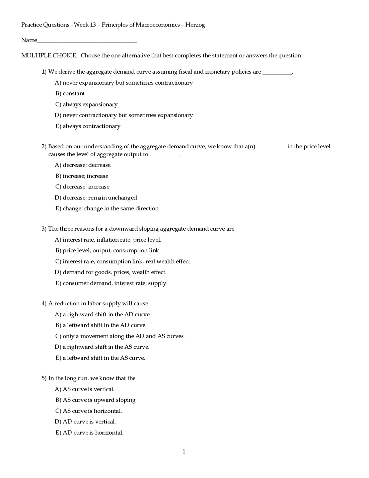 Practice Problems For Principles Of Macroeconomics Assignment 13 Ec