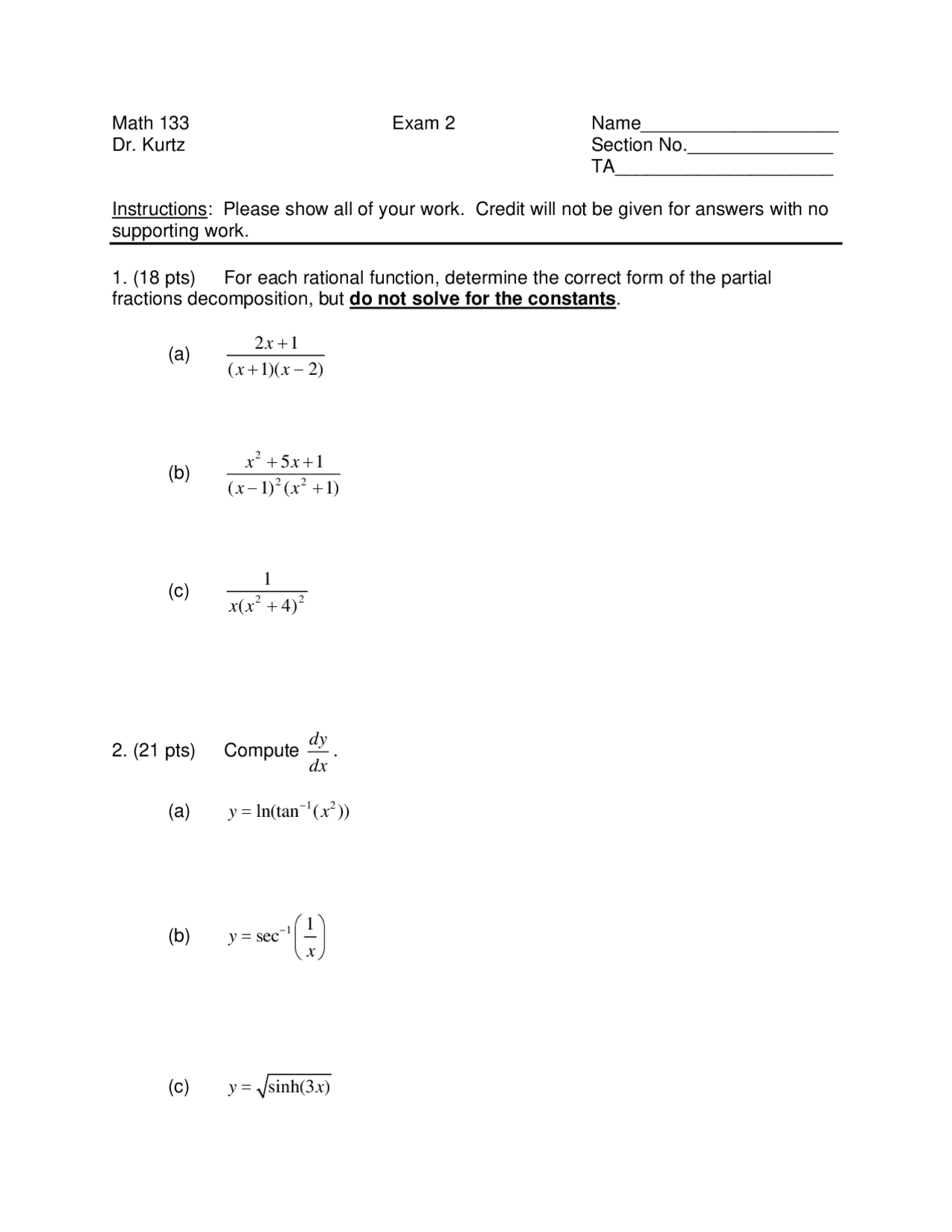 Exam 2 Integral Calculus Ii Mth 133 Docsity
