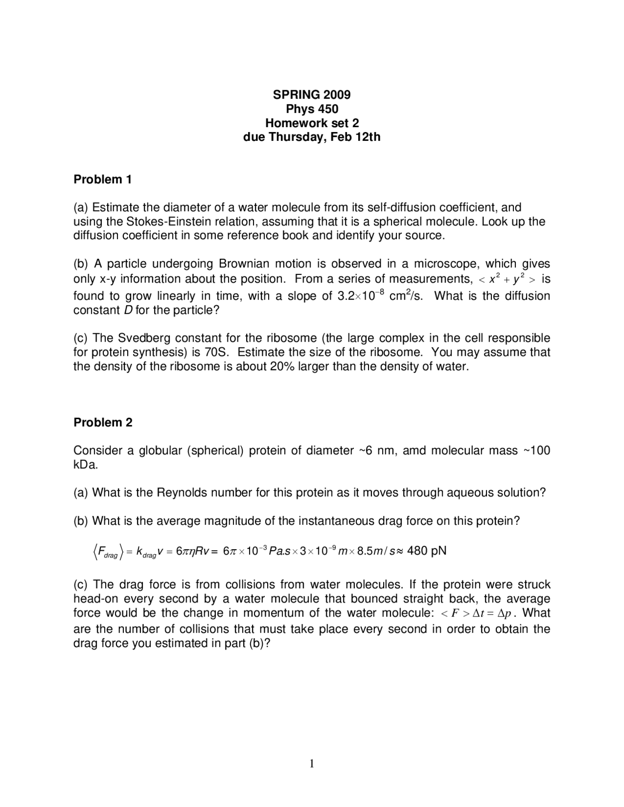 6 Problems On Molecular Biophysics Of The Cell Assignment 2 Phys