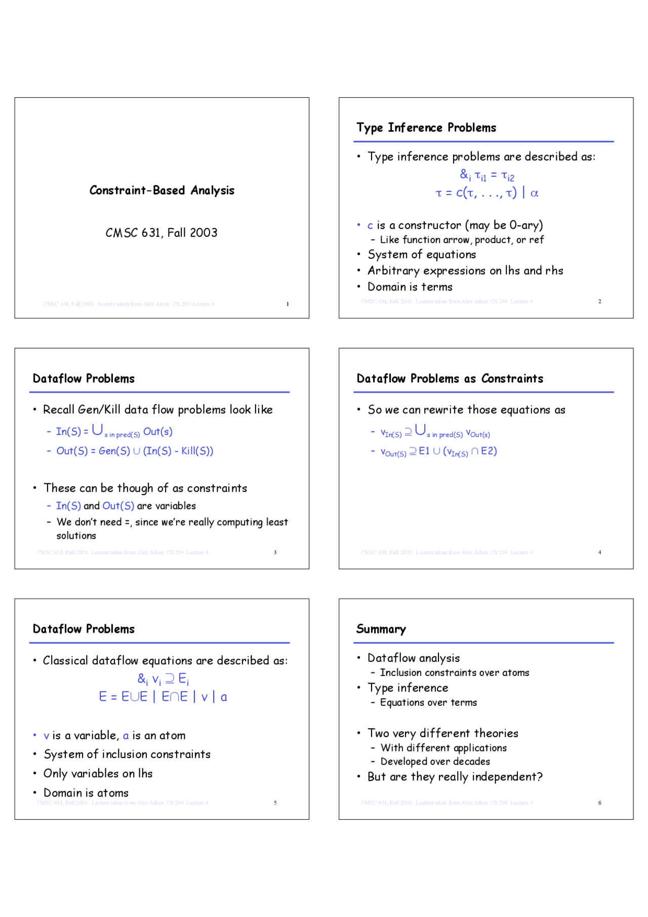 Constraint Based Analysis In Interference And Dataflow Problems Cmsc