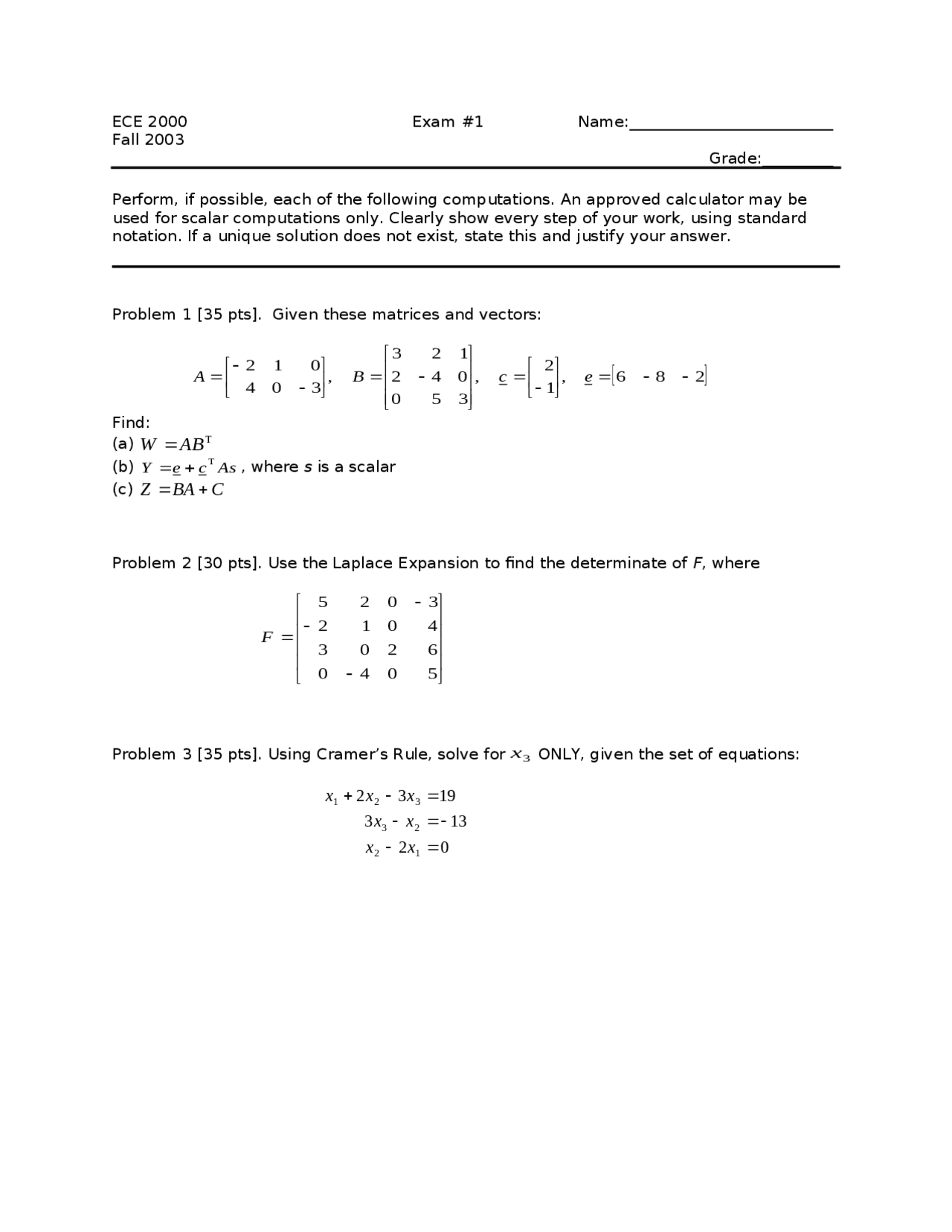 Introduction To Electricalcomputer Engineering Exam 1 Fall 2003