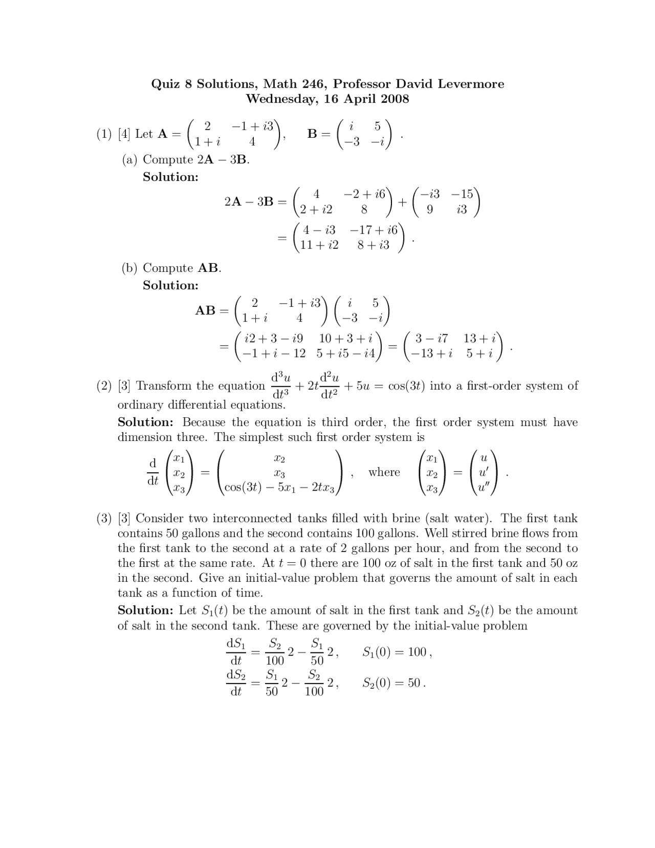 Quiz 8 With Solution Differential Equation For Science Math 246