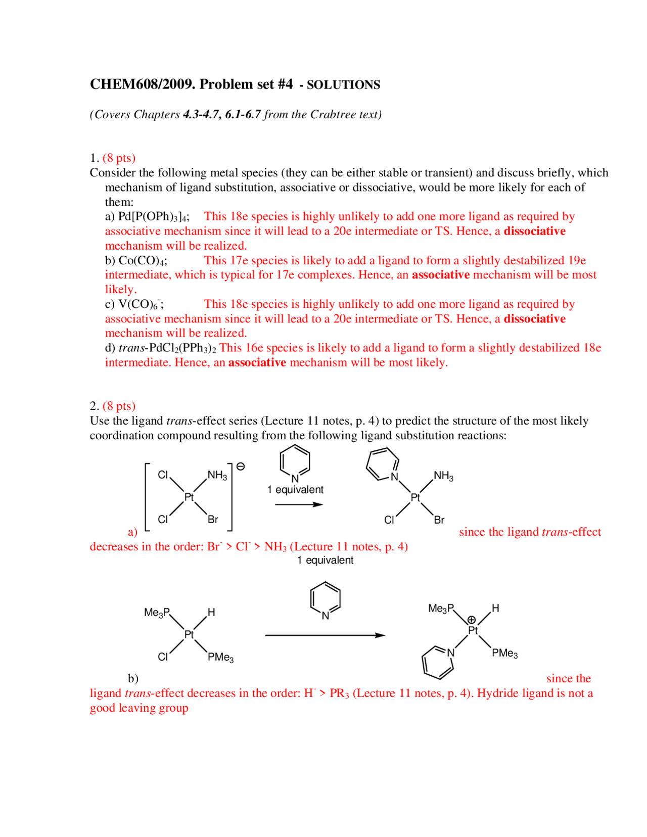 Solved Problem Set 4 For Organometallic Chemistry Chem 608