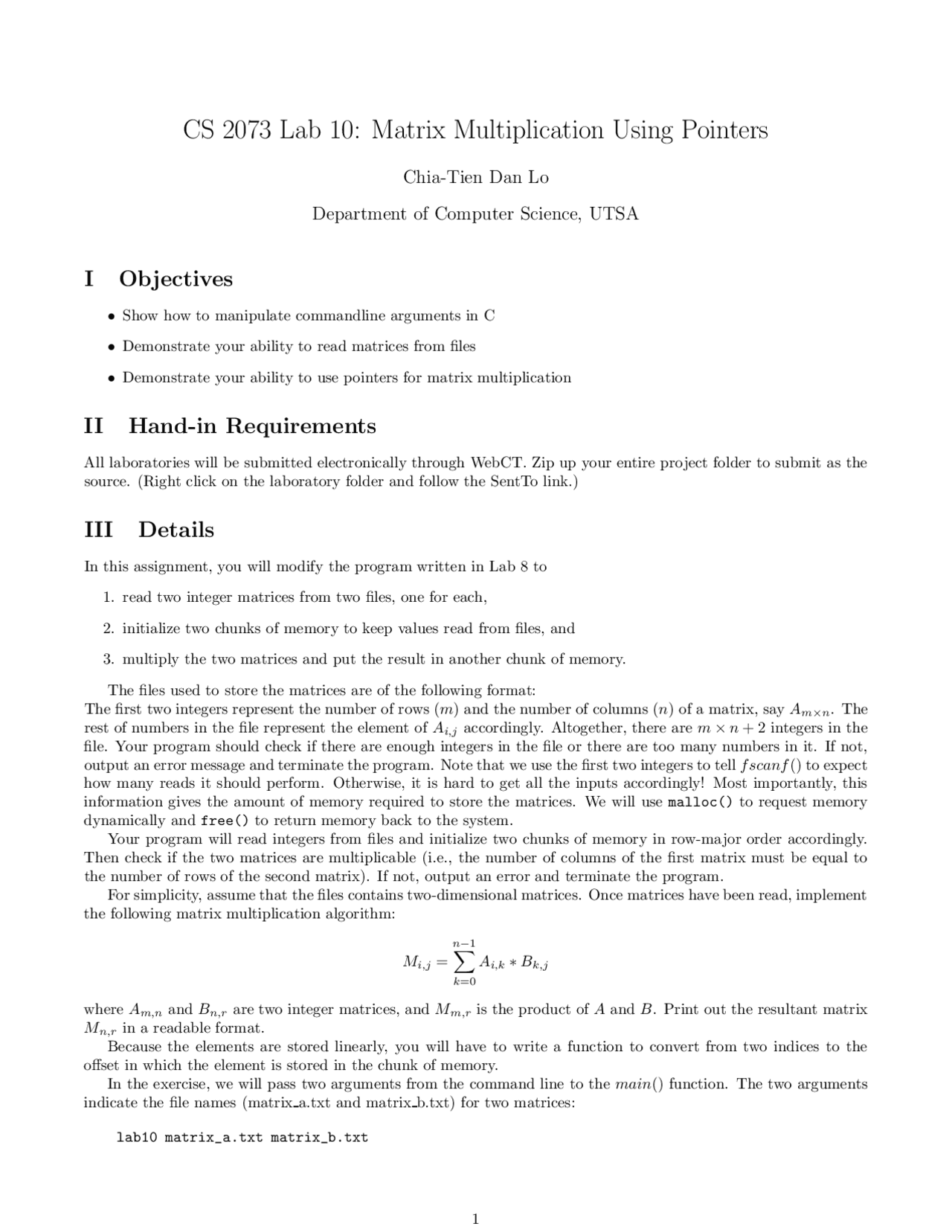 Matrix Multiplication Using Pointers Lab 10 Cs 2073 Docsity