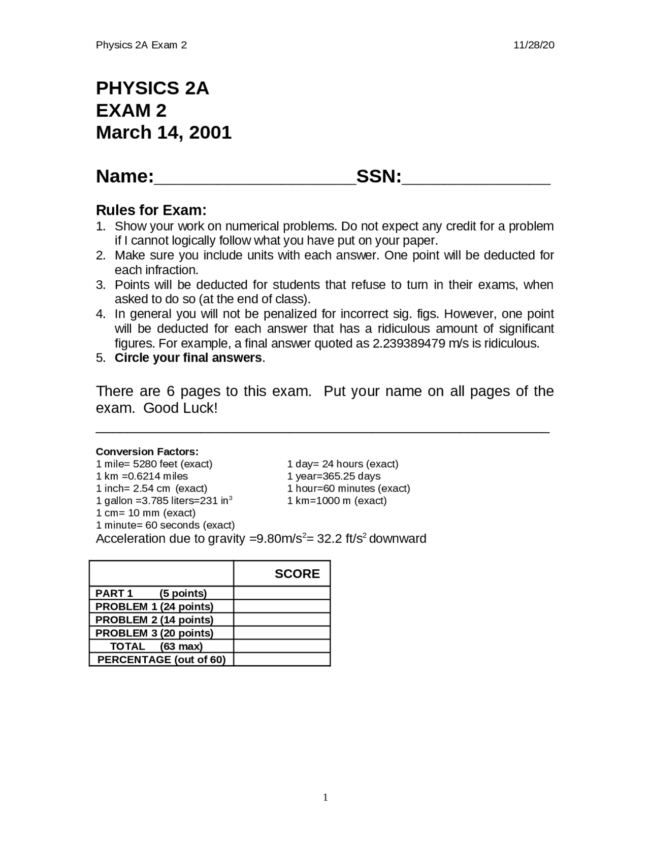 Exam 2a Form 2 General Physics Phys 0002a Docsity
