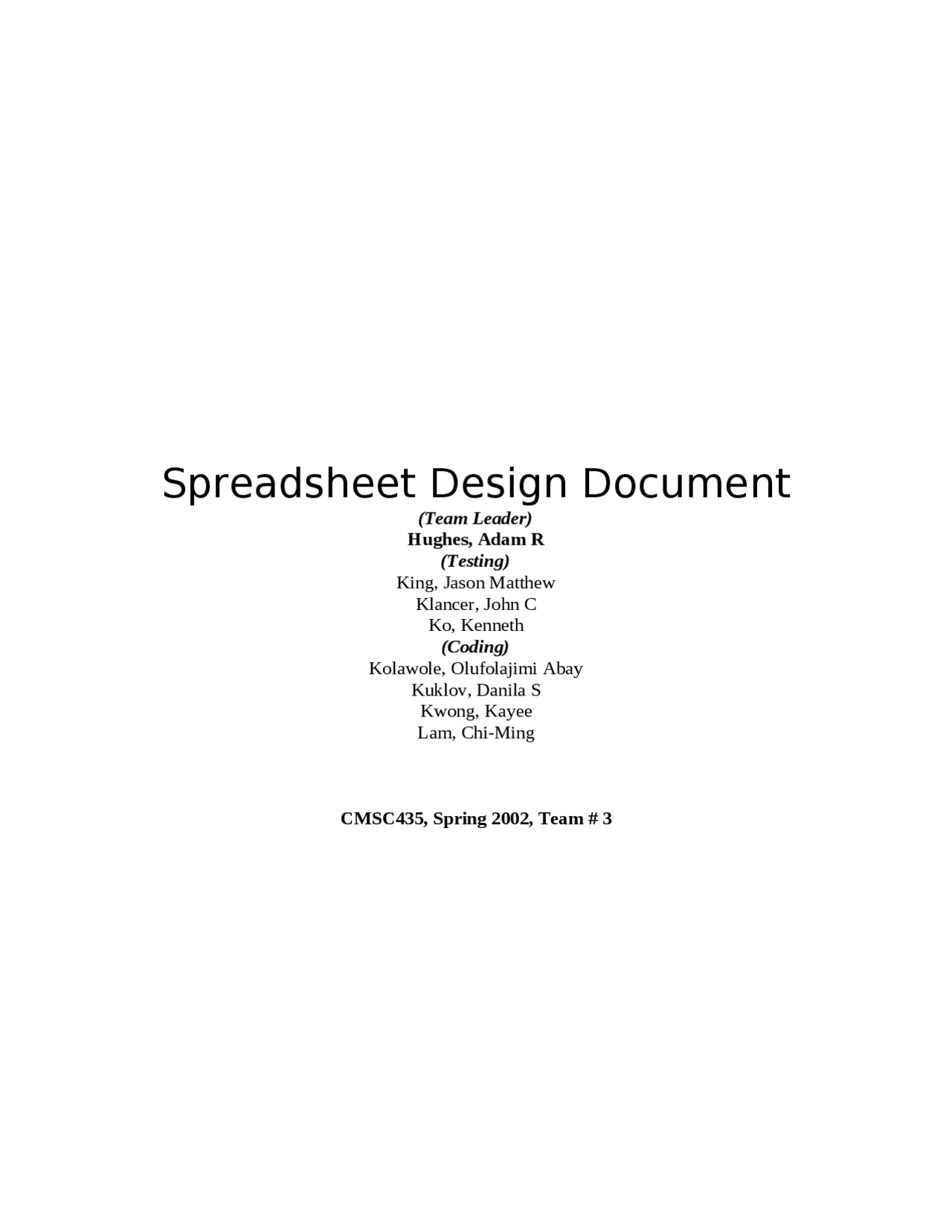Spreadsheet Program Design Document Software Engineering Cmsc 435 Docsity