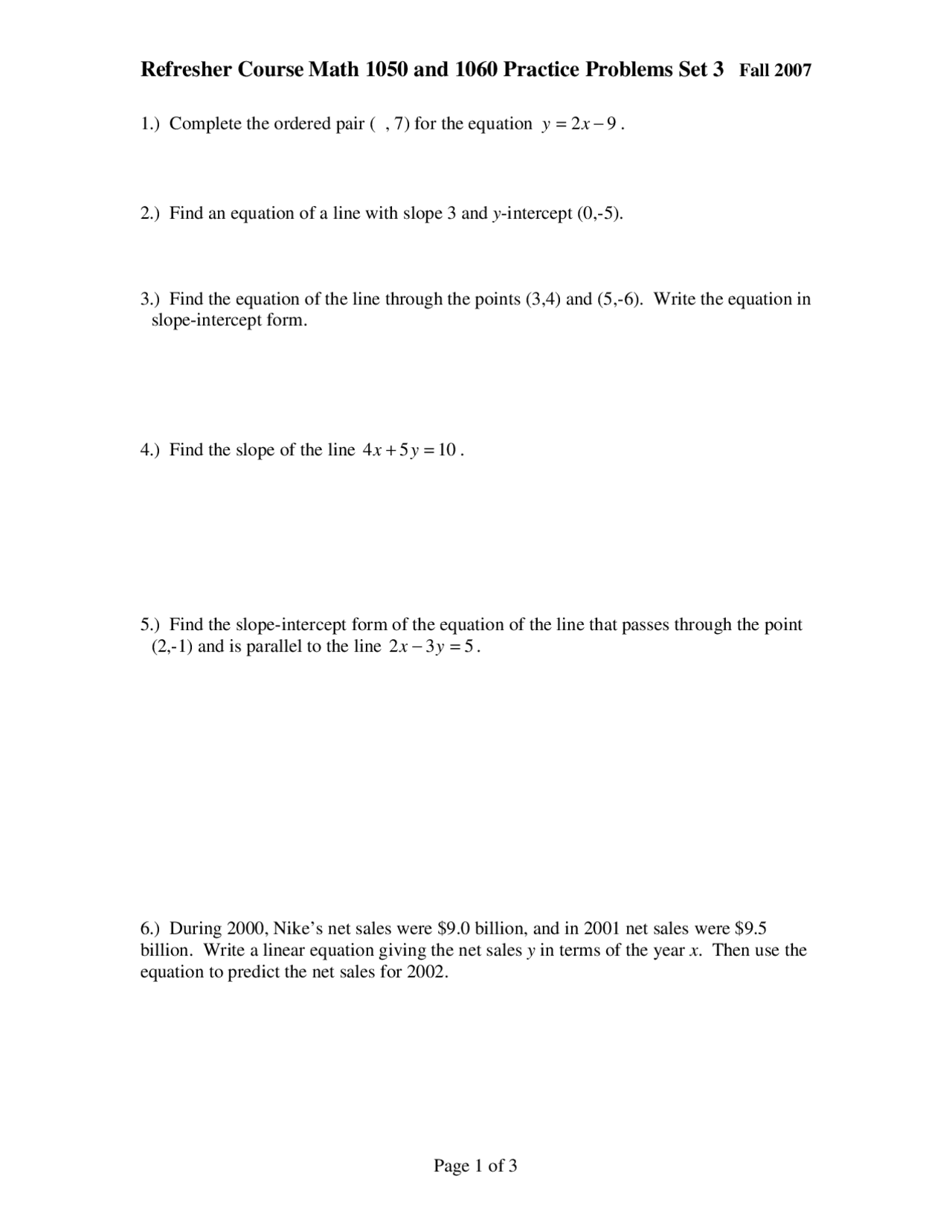College Algebra - Practice Problems Set 3 - Fall 2007 | MATH 1050 - Docsity