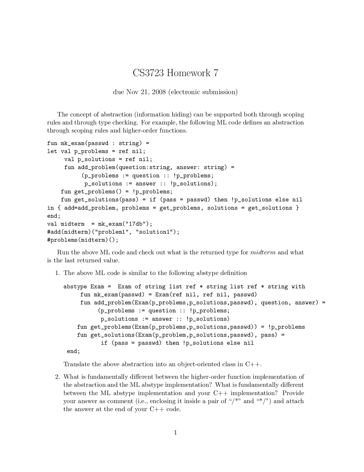 Programming Languages Homework 7 Questions Cs 3723 Docsity