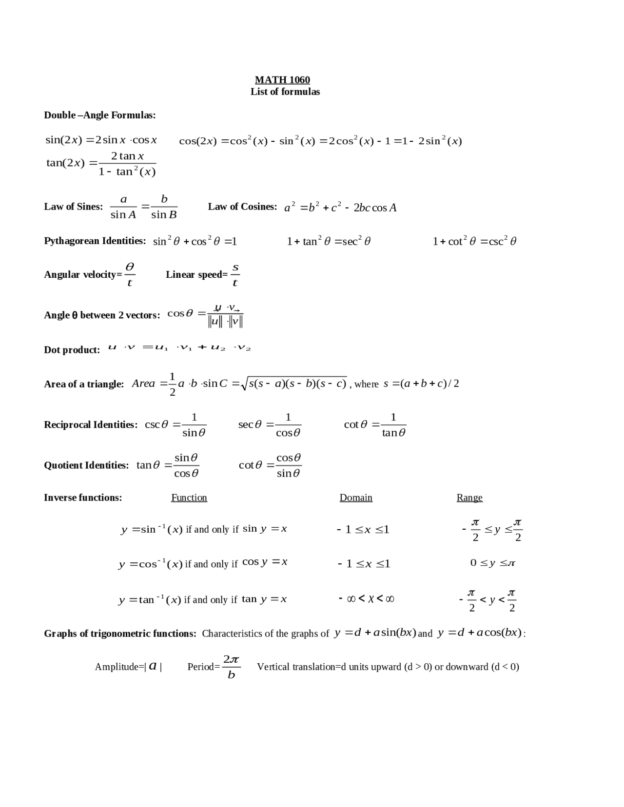 List of Formulae - Crib Sheet - Trigonometry | MATH 1060 - Docsity
