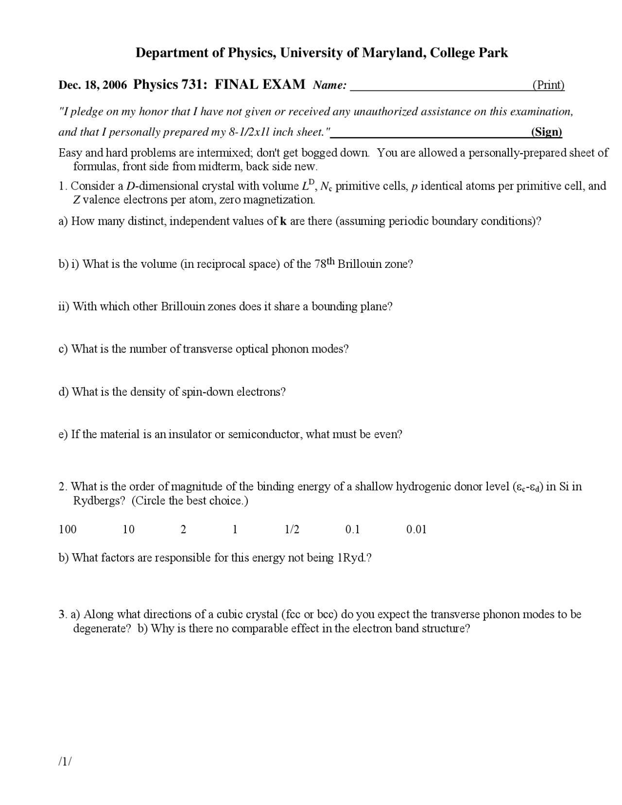 Final Exam for Solid State Physics: Survey | PHYS 731 | Exams Physics | Docsity