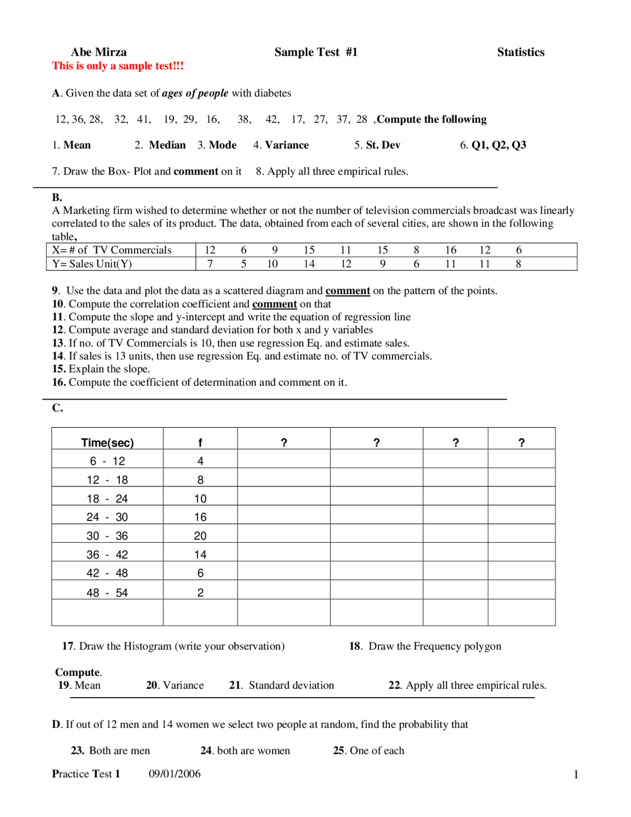 23 Questions on the Elementary Statistics - Sample Test 1 | MATH 0013 ...