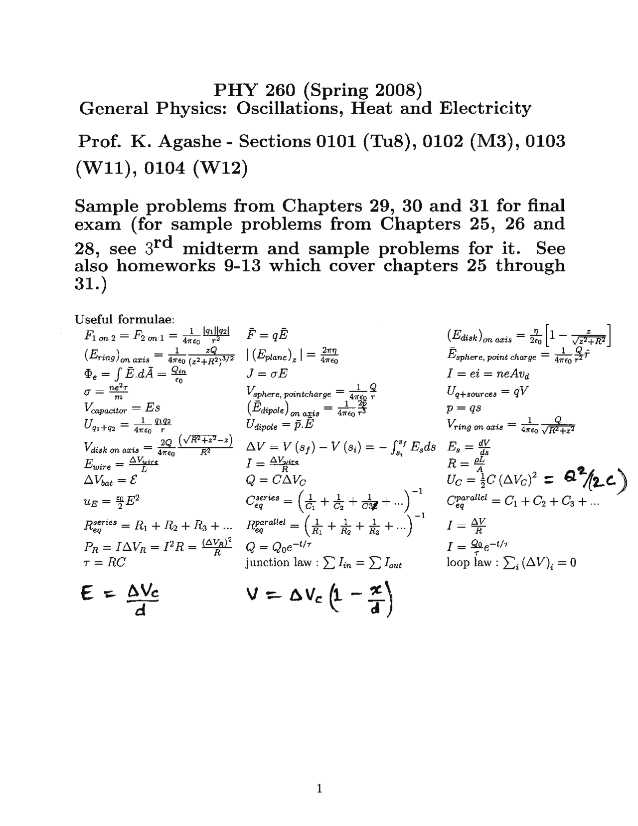 Oscillations Heat And Electricity Final Exam Solved Phys 260 Docsity