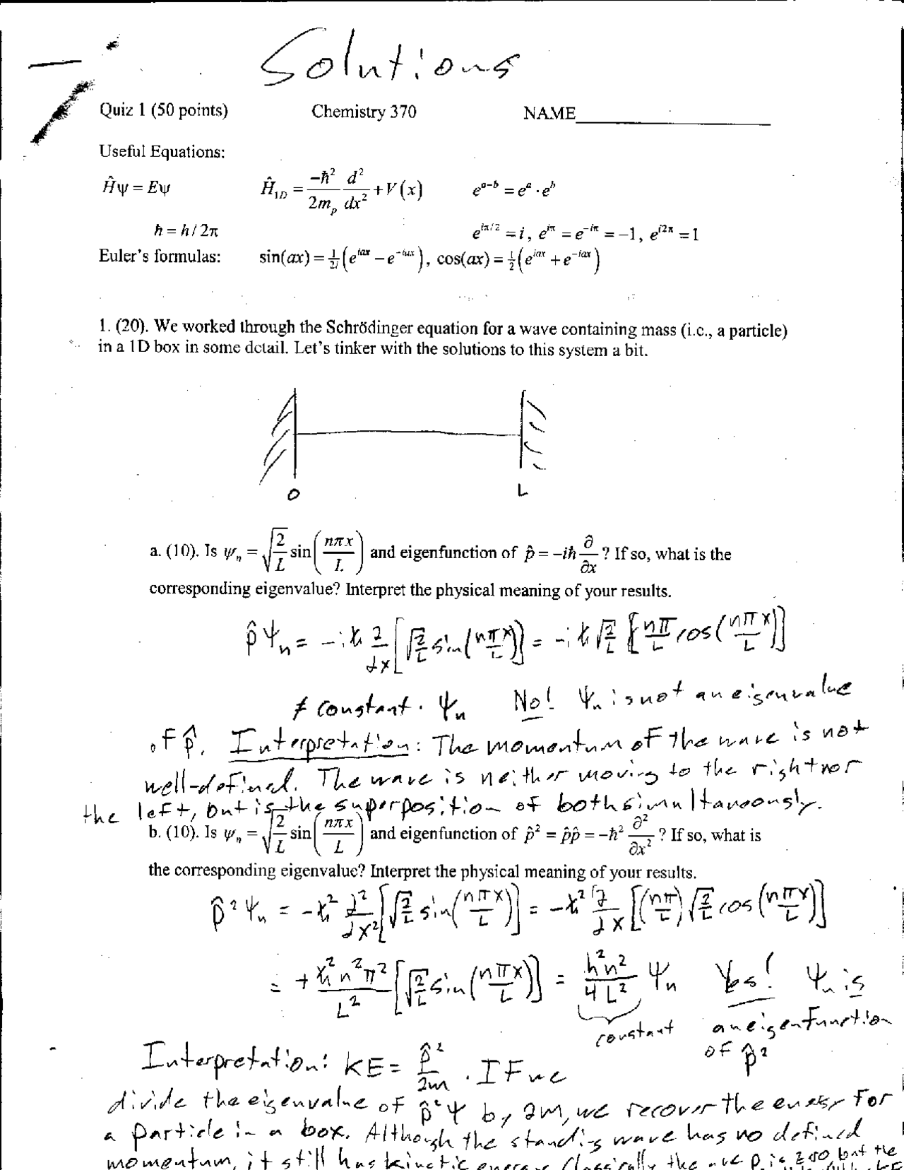 Quiz 1 With Solution Topics In Physical Chemistry Chm 37000 Docsity