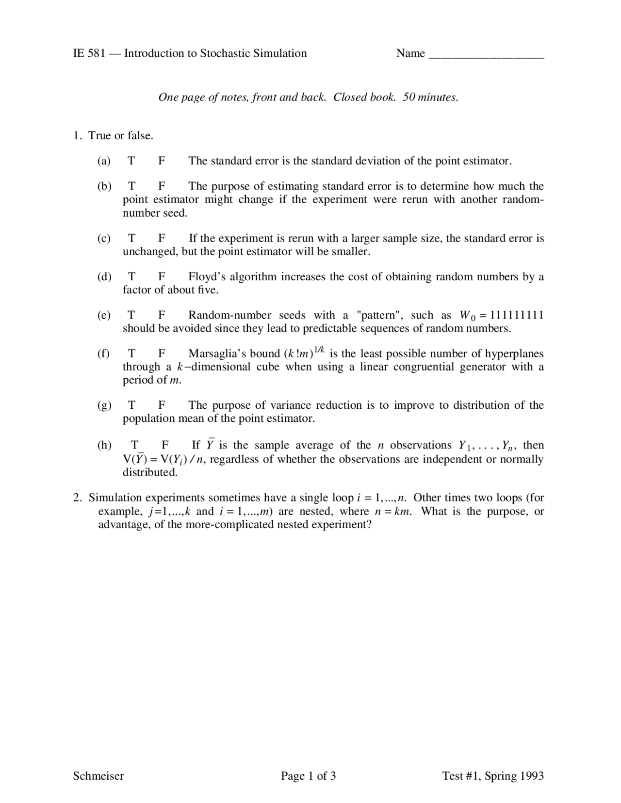 Exam 1 Questions Introduction To Stochastic Simulation Ie 58100
