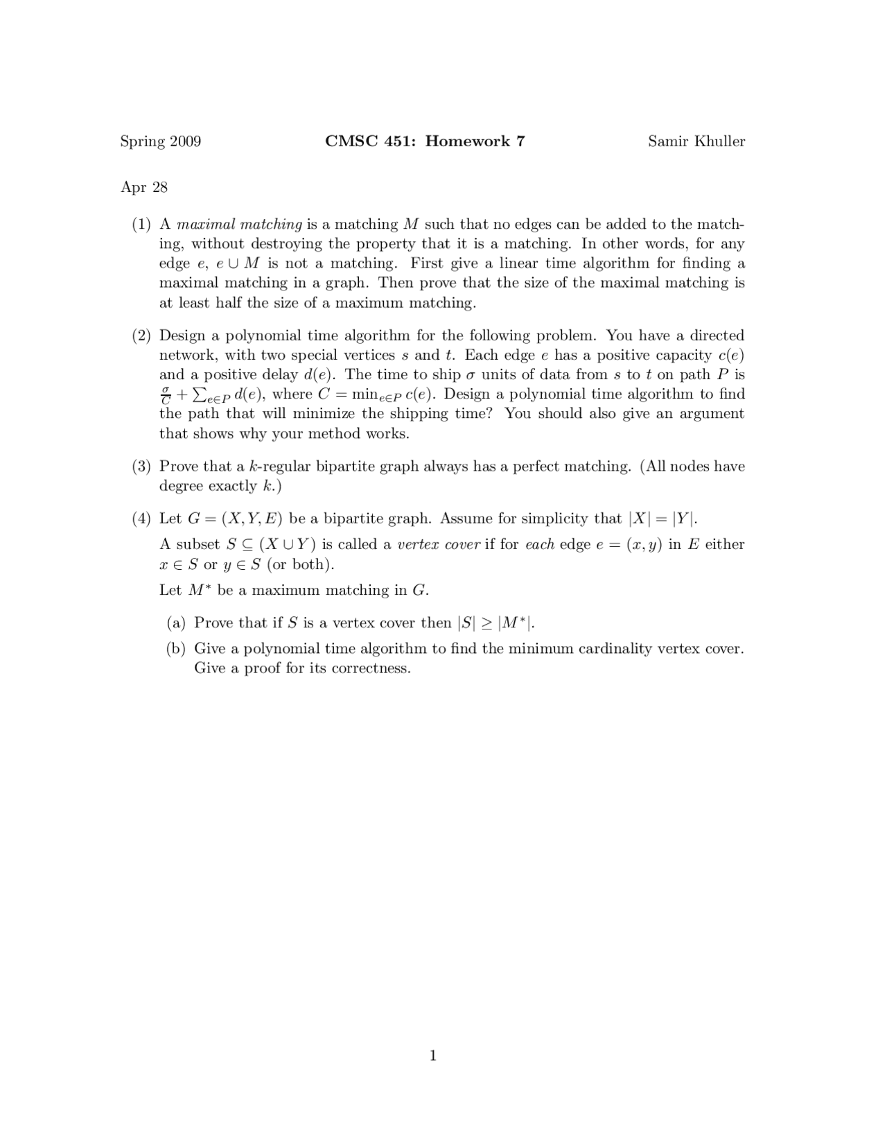 4 Problems On Maximal Matching Assignment 7 Cmsc 451 Docsity