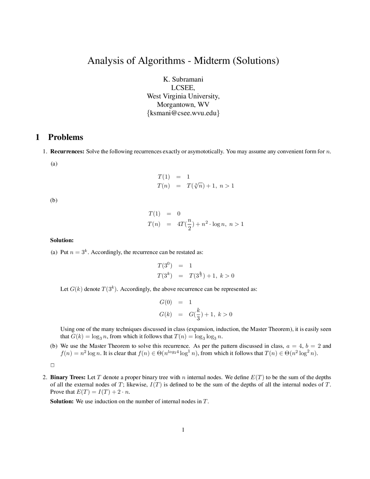 Midterm Solutions For Analysis Of Algorithms Cs 221 Docsity