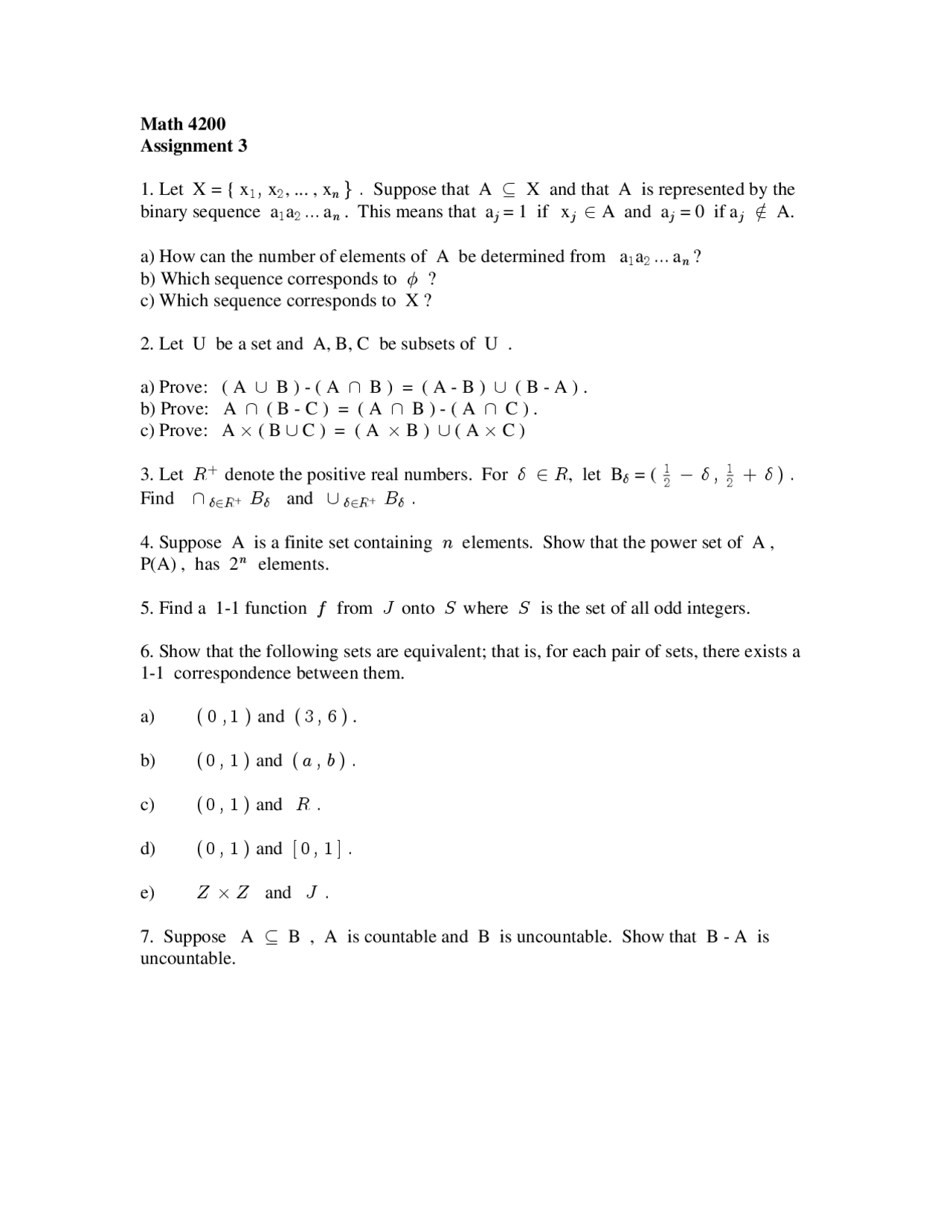 Assignment 3 Questions Foundations Of Analysis Math 4200 Docsity
