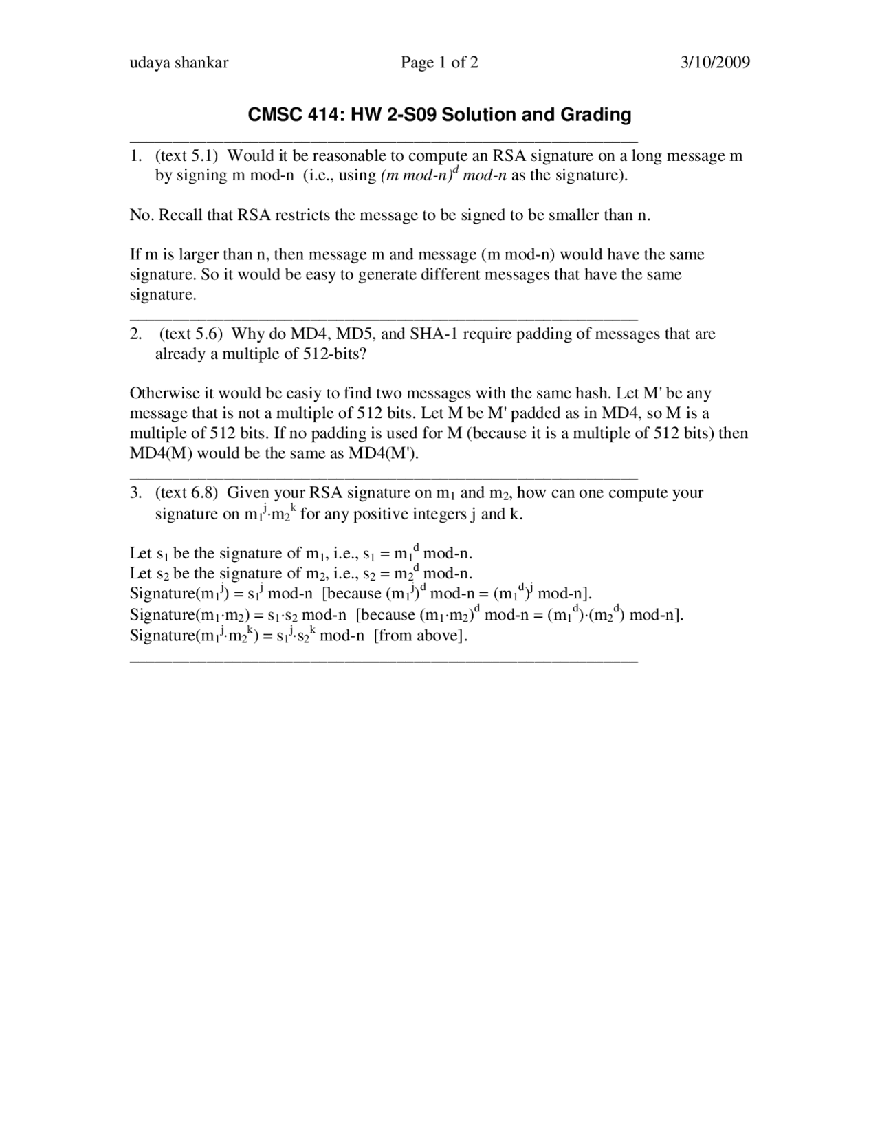 Computer And Network Security Assignment 2 With Solutions Cmsc 414 Docsity