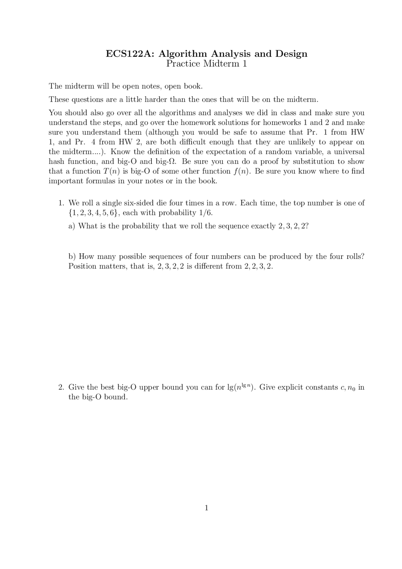 Practice Midterm 1 Algorithm Analysis And Design Ecs 122a Docsity 2078