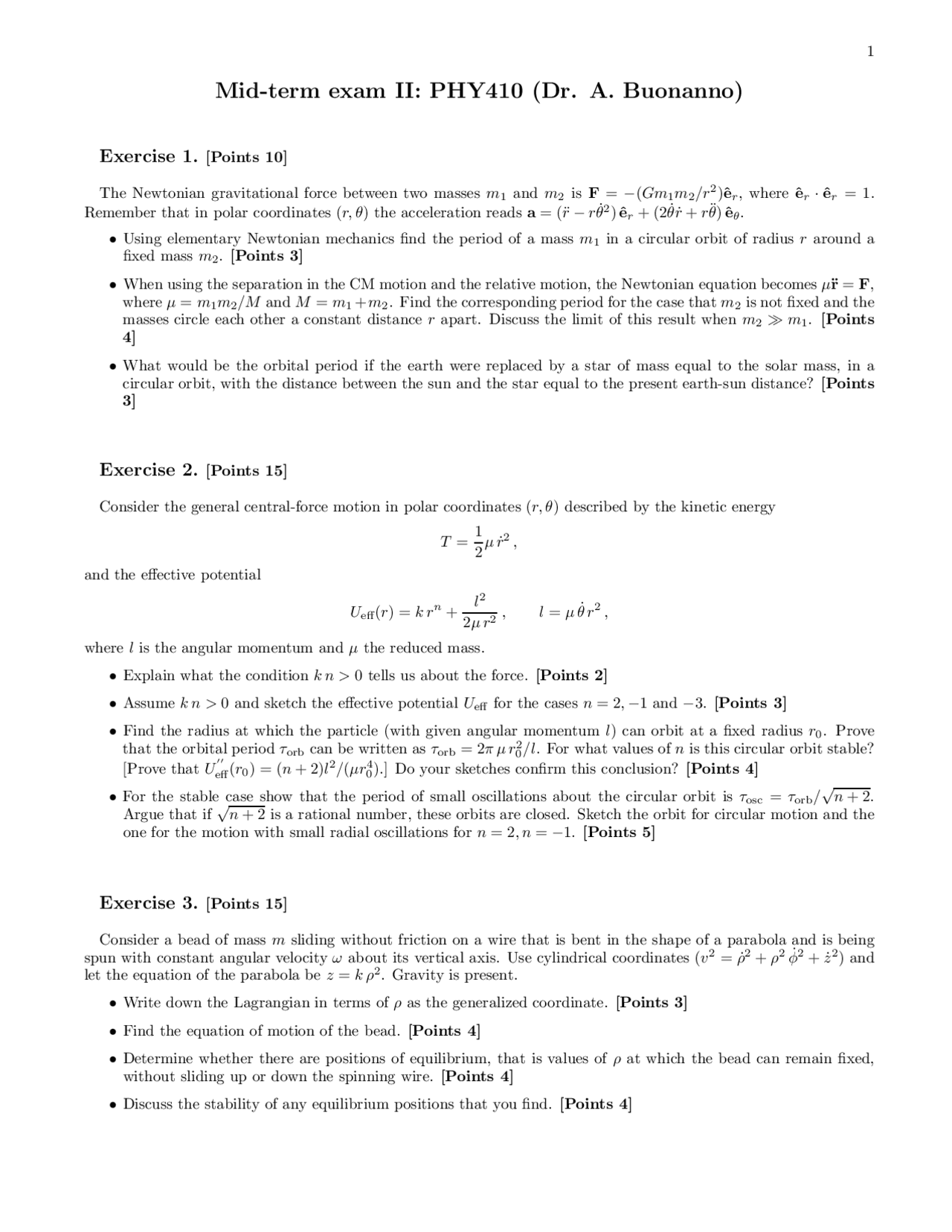 Midterm Exam 2 | Classical Mechanics | PHYS 410 - Docsity