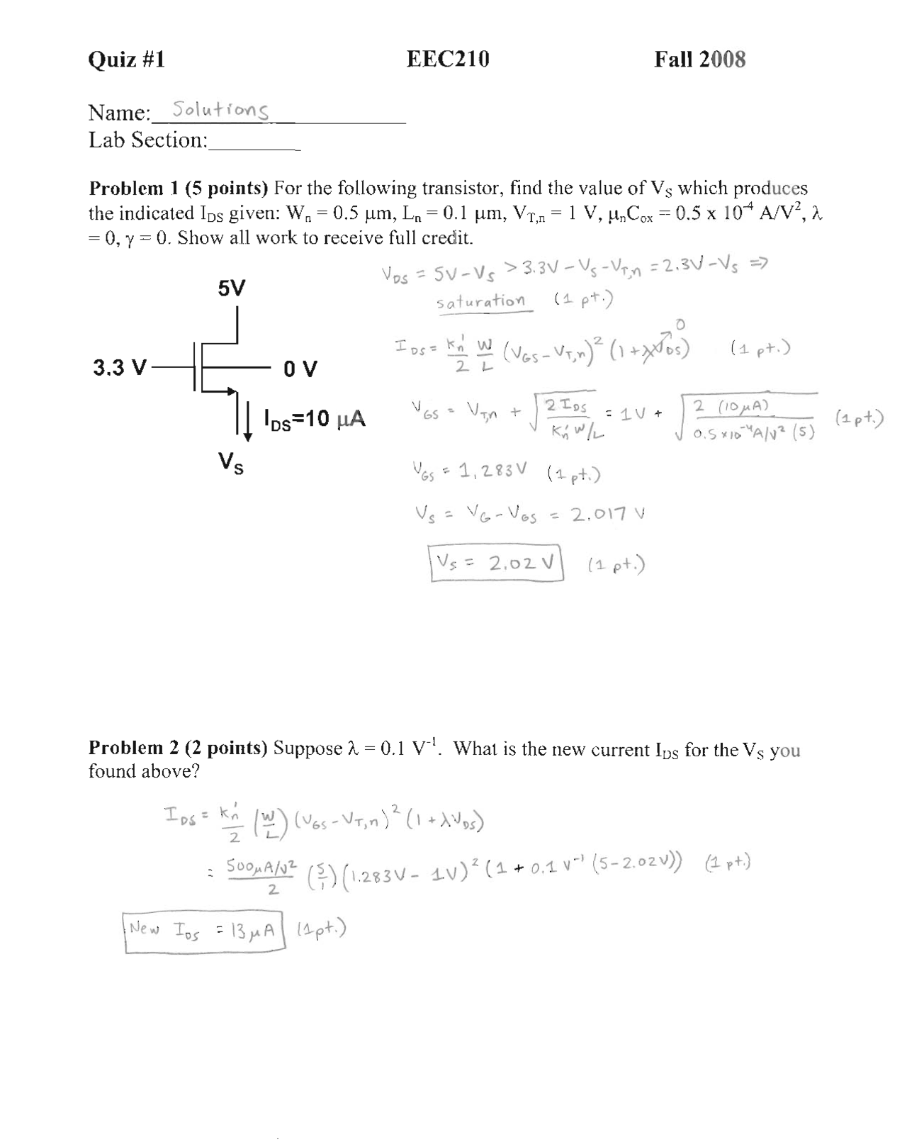 Quiz 1 Solutions Mos Analog Circuit Design Eec 210 Exams