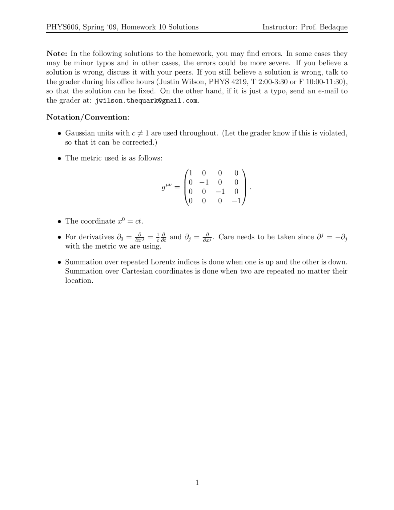 Solutions for Homework 10 - Electrodynamics | PHYS 606 - Docsity