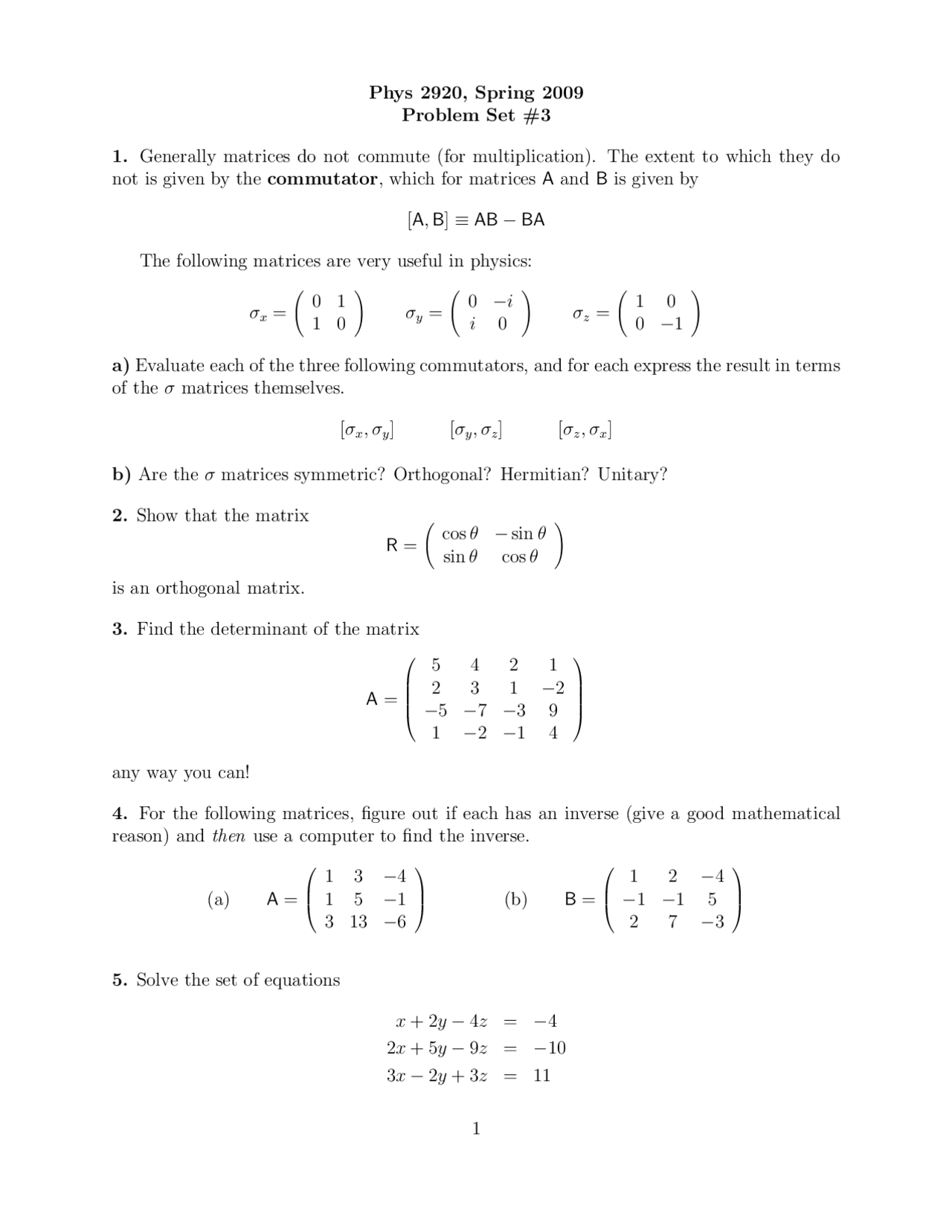 Problem Set 3 For Mathematical Physics Phys 2920 Docsity