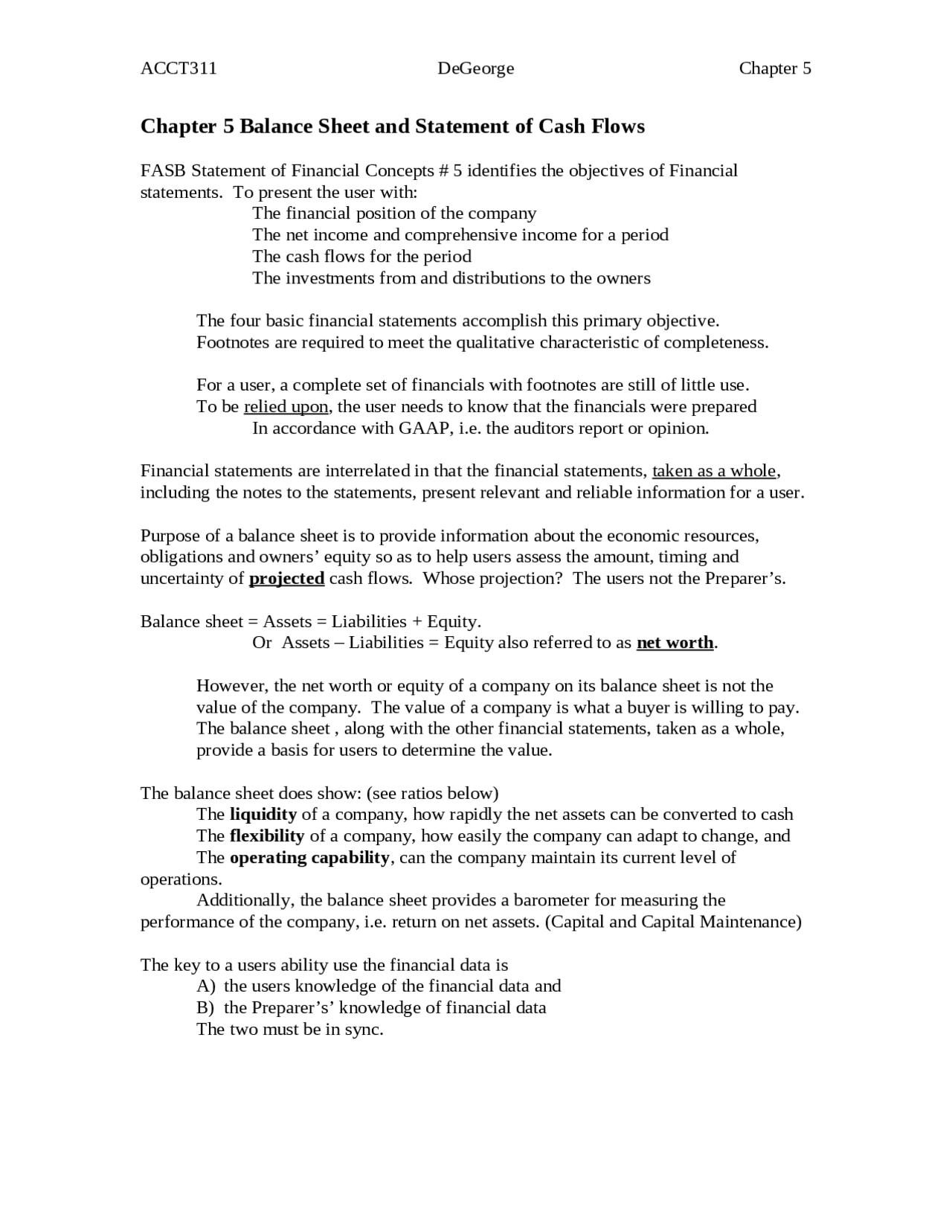 Balance Sheet And Statement Of Cash Flows Lecture Notes Acct 311