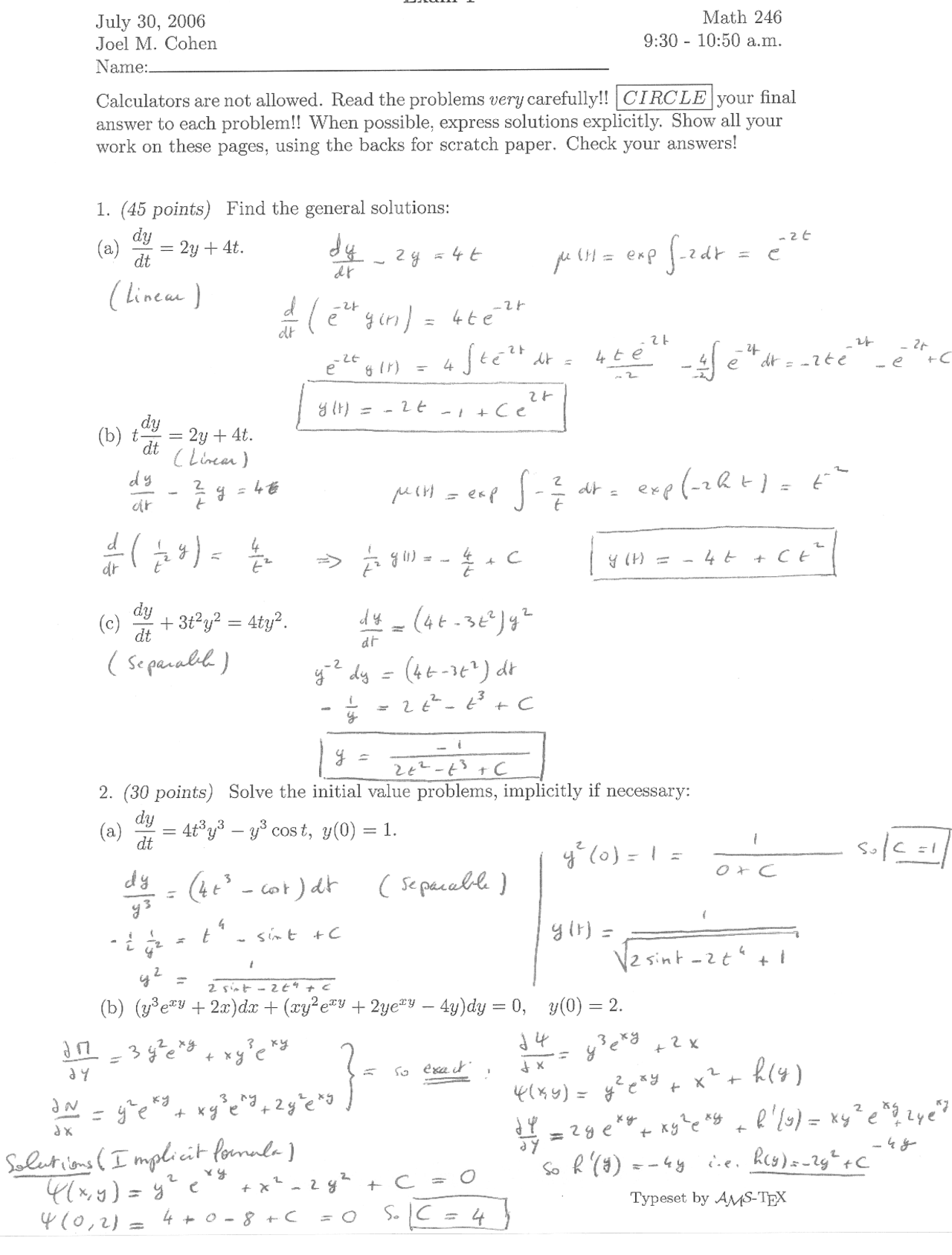 Solved Final Exam Differential Equations For Scientists And Engineers
