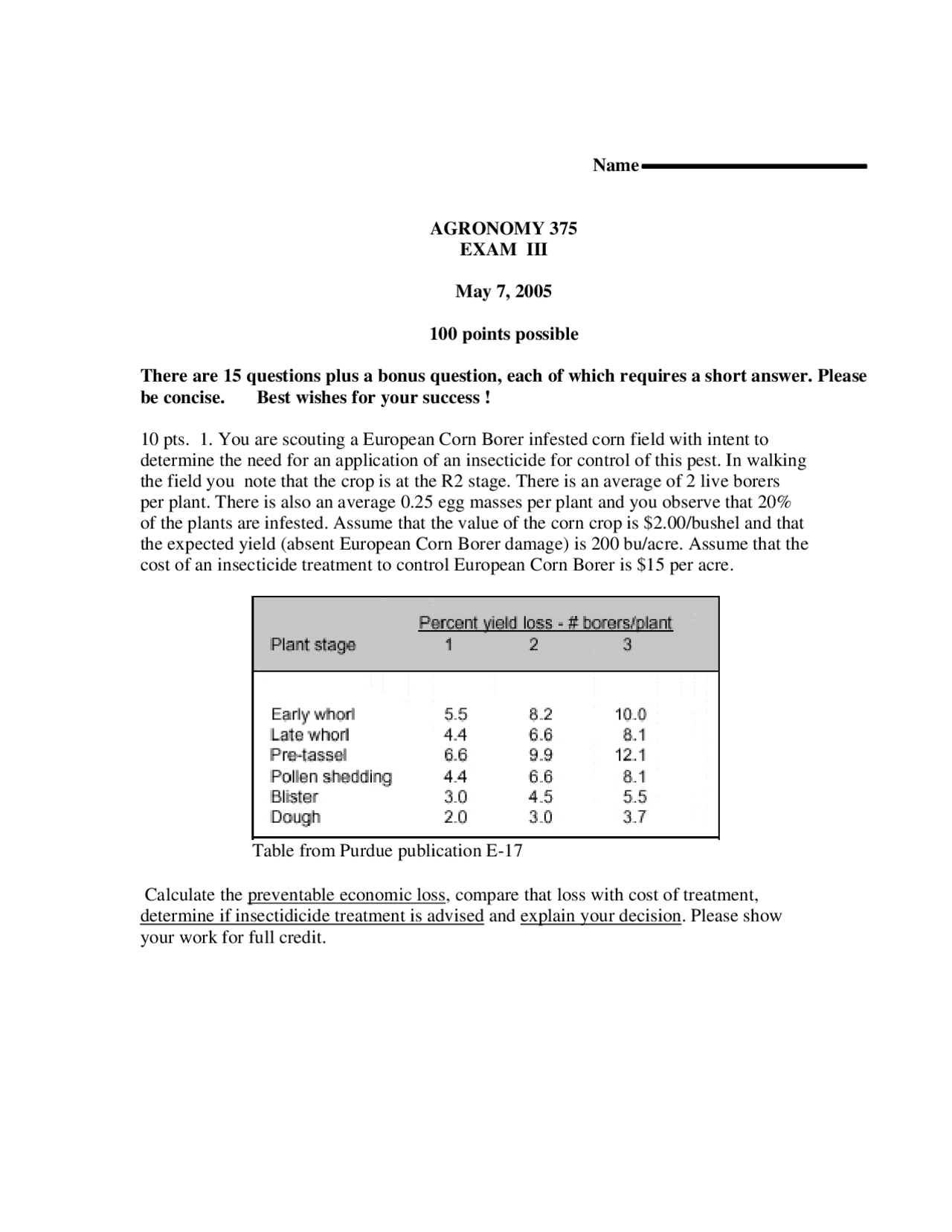Exam Iii For Crop Production Systems Agry 37500 Docsity