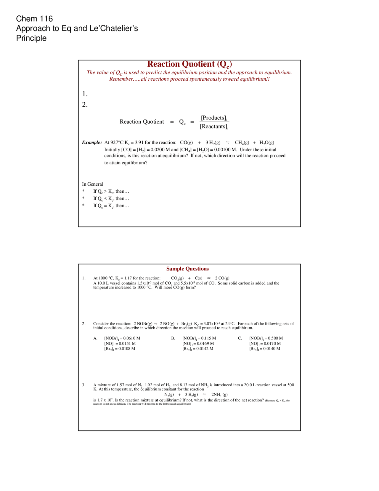 Equilibrium Approach & Le Chatelier's Principle: Reaction Quotient ...