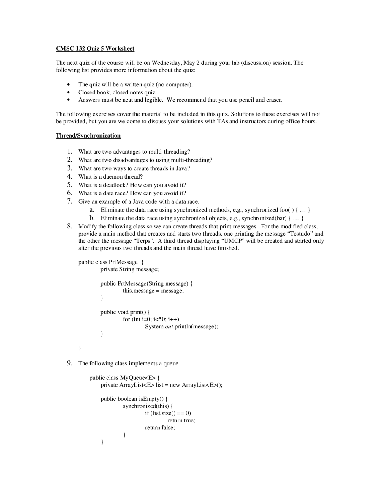 Object-Oriented Programming II - Quiz 4 Worksheet | CMSC 132 - Docsity