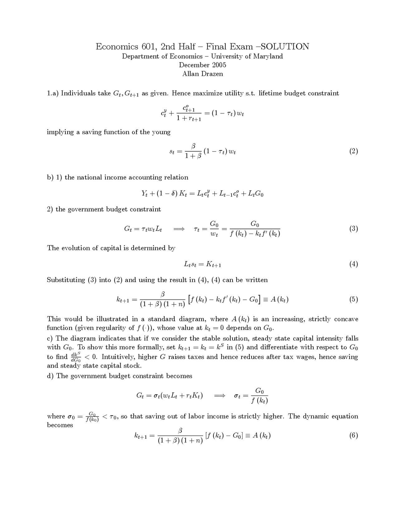 Final Exam Solutions Macroeconomic Analysis I Econ 601 Docsity