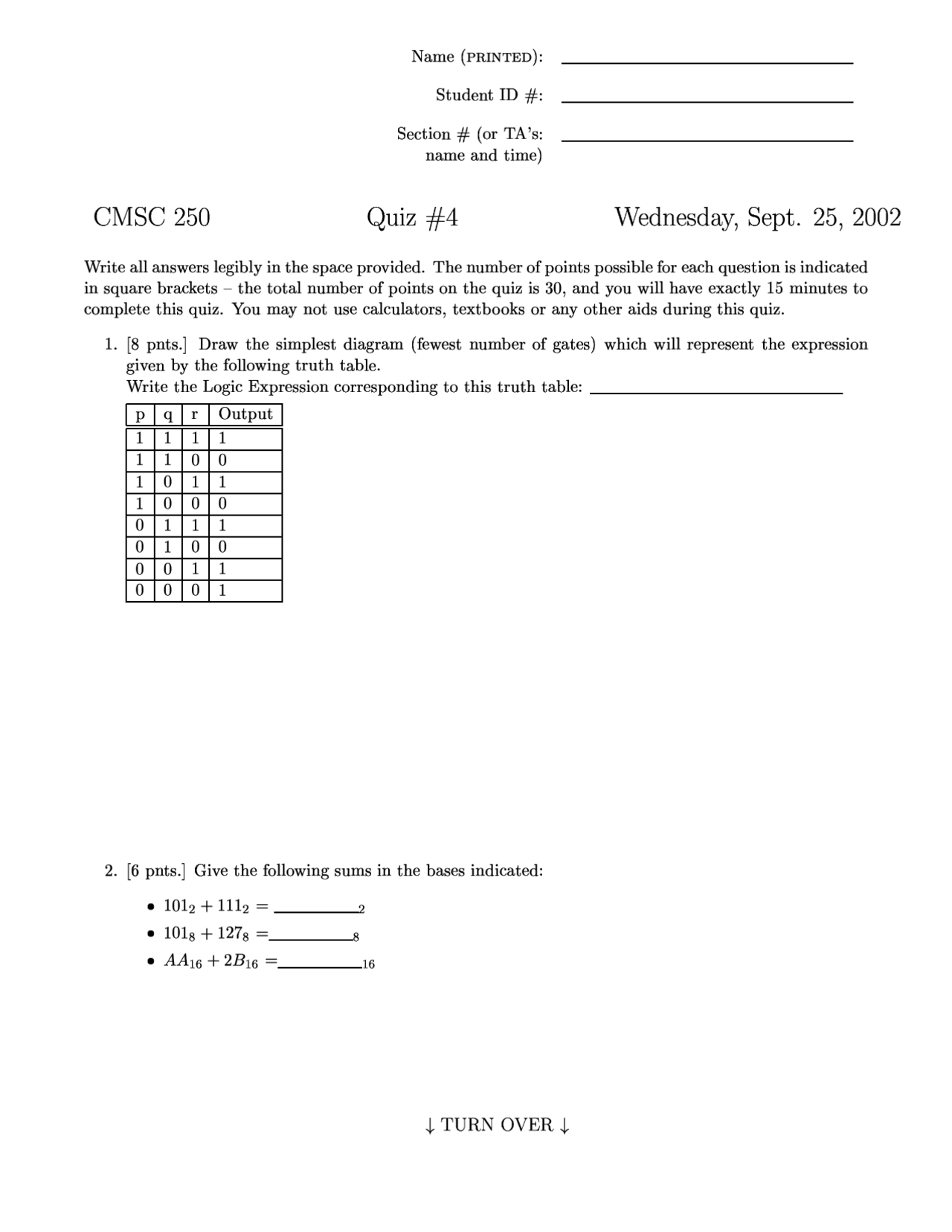 Quiz 4 With Questions Discrete Structures 2002 Cmsc 250 Docsity