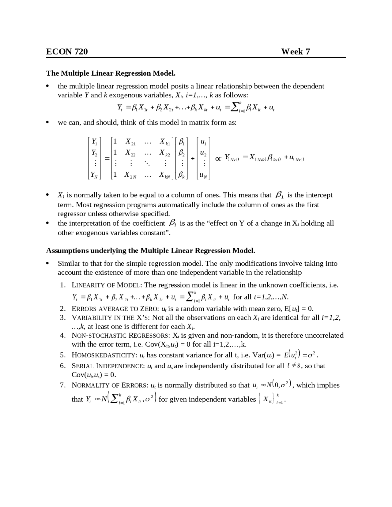 The Multiple Linear Regression Model Notes Econ 720 Docsity