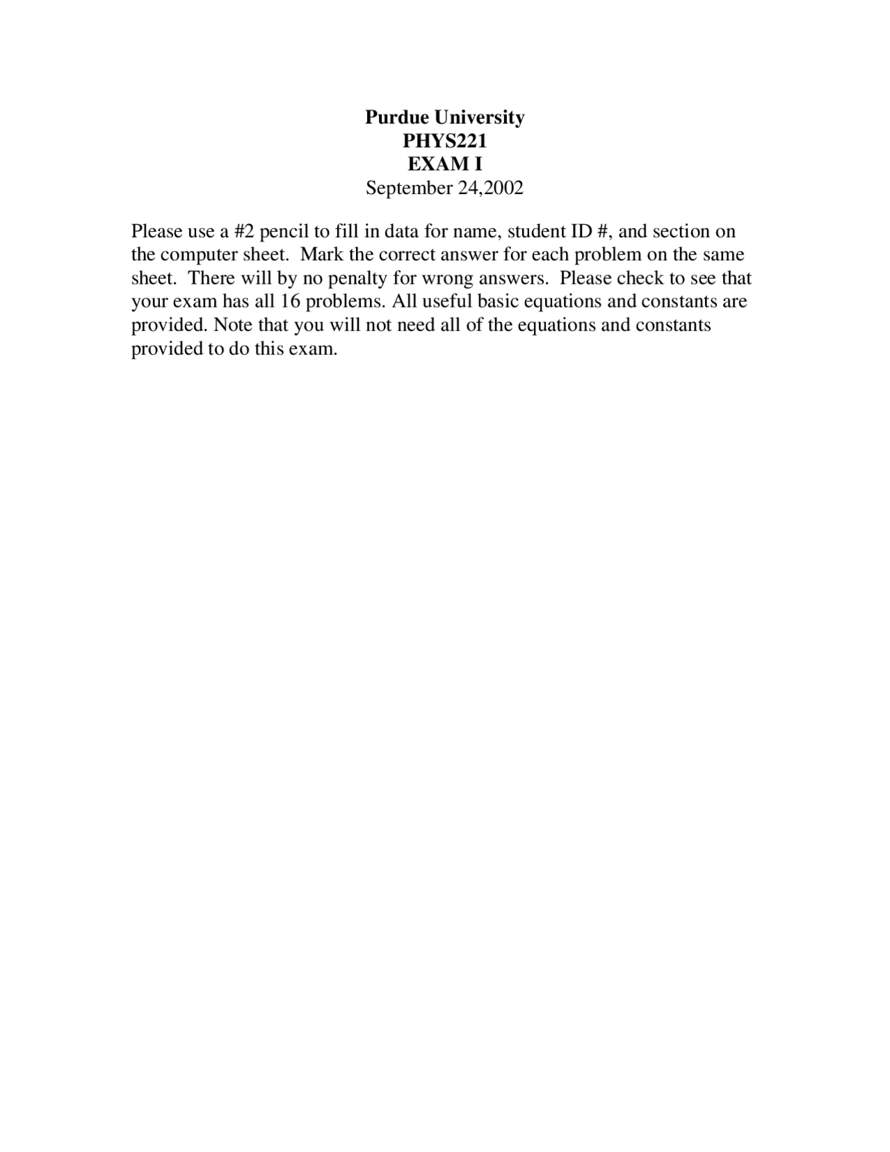 Exam 1 For General Physics 2002 Phys 22100 Docsity