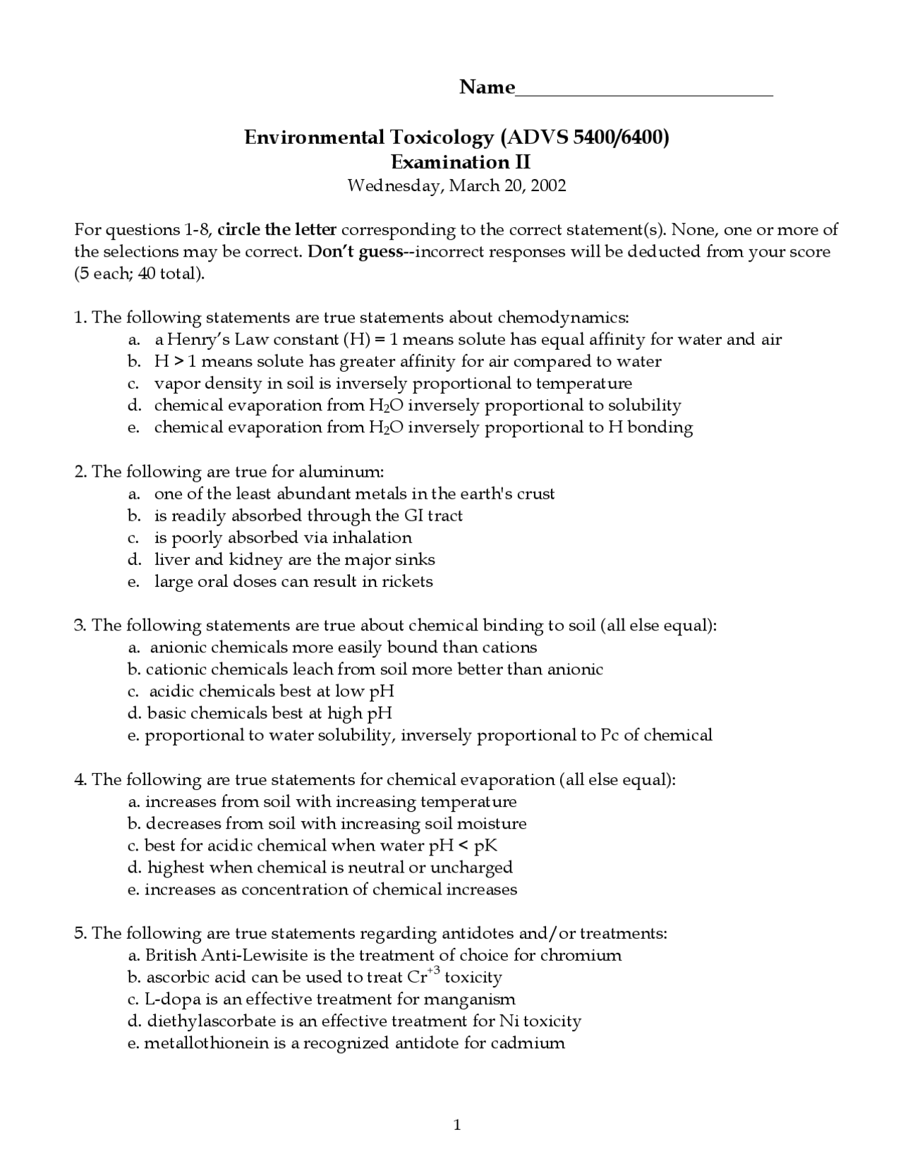 Exam 2 Practice Problems Environmental Toxicology Advs 5400 Docsity