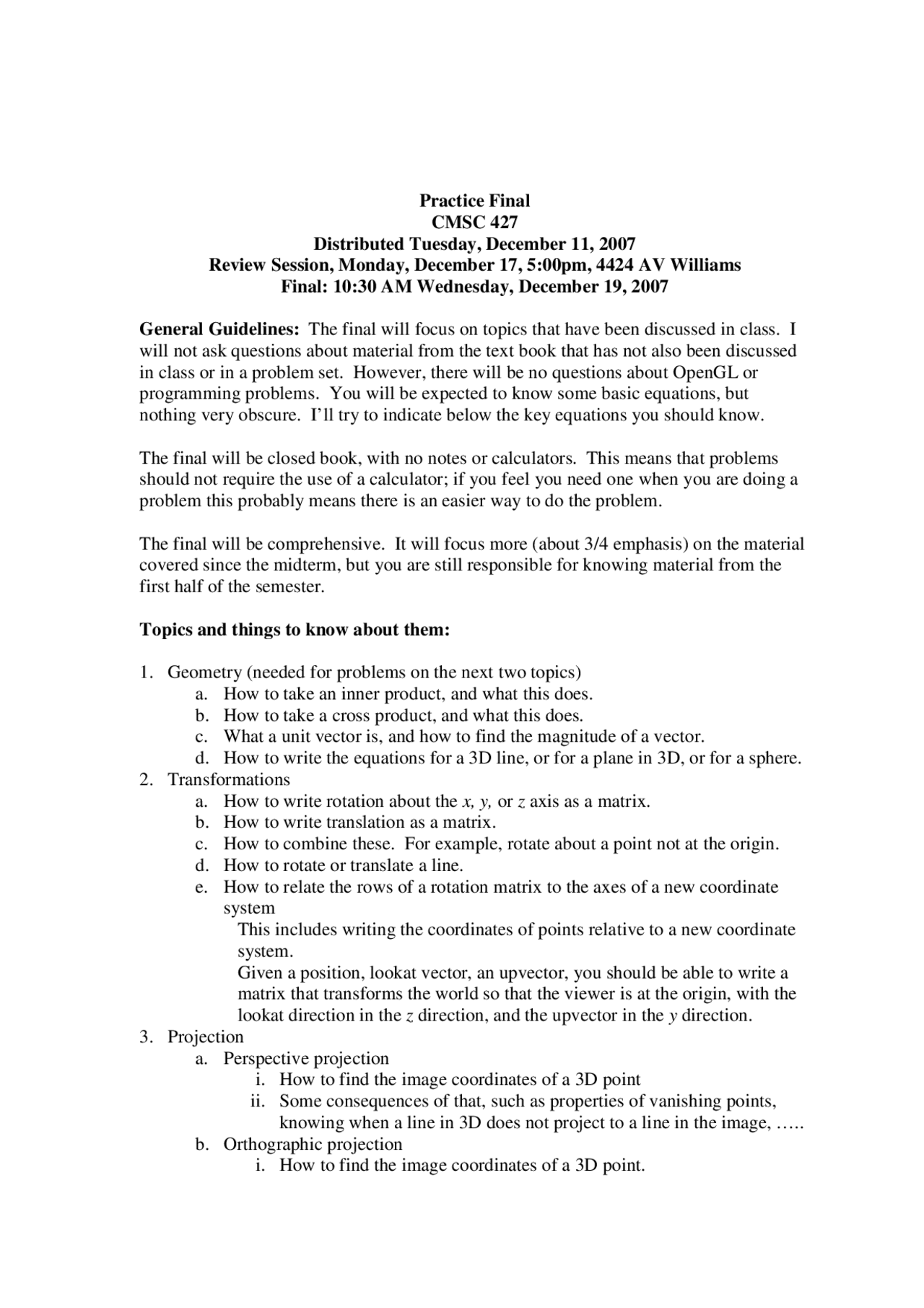 Practice Problems For Final Exam Computer Graphics Cmsc 427 Docsity