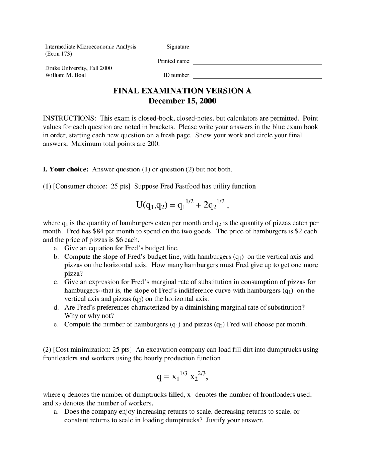 Solved Final Exam Intermediate Microeconomic Analysis Econ 173