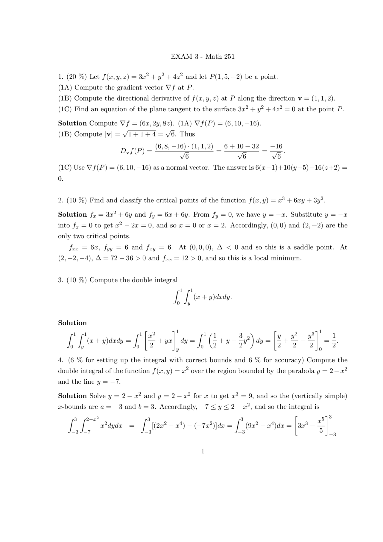 Multivariable Calculus - Exam 3 with Solutions | MATH 251 - Docsity