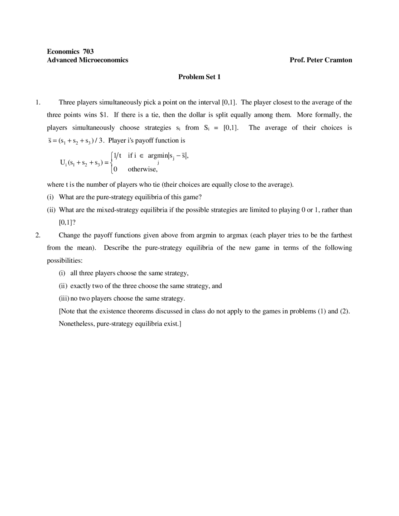 Problem Set 1 Advanced Microeconomics Econ 703 Docsity
