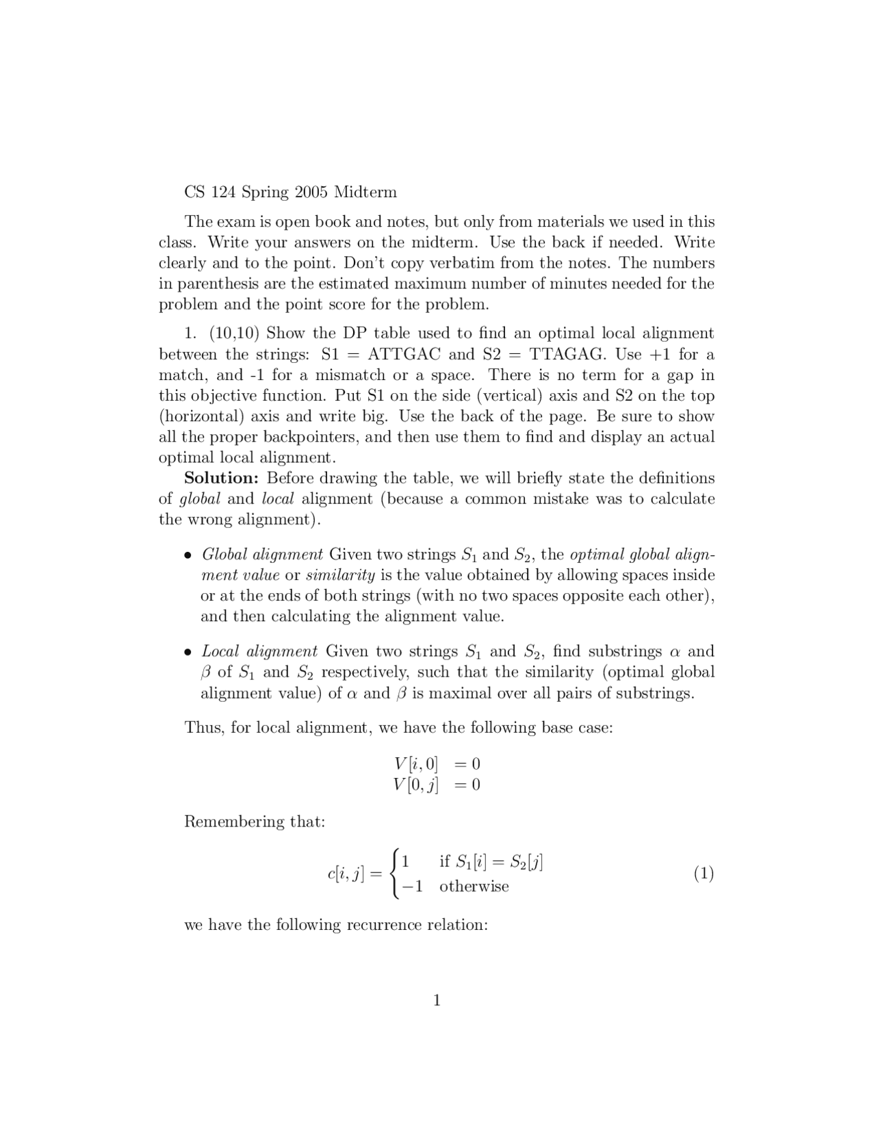 Midterm Exam Questions With Solutions Bioinformatics Spring 2005